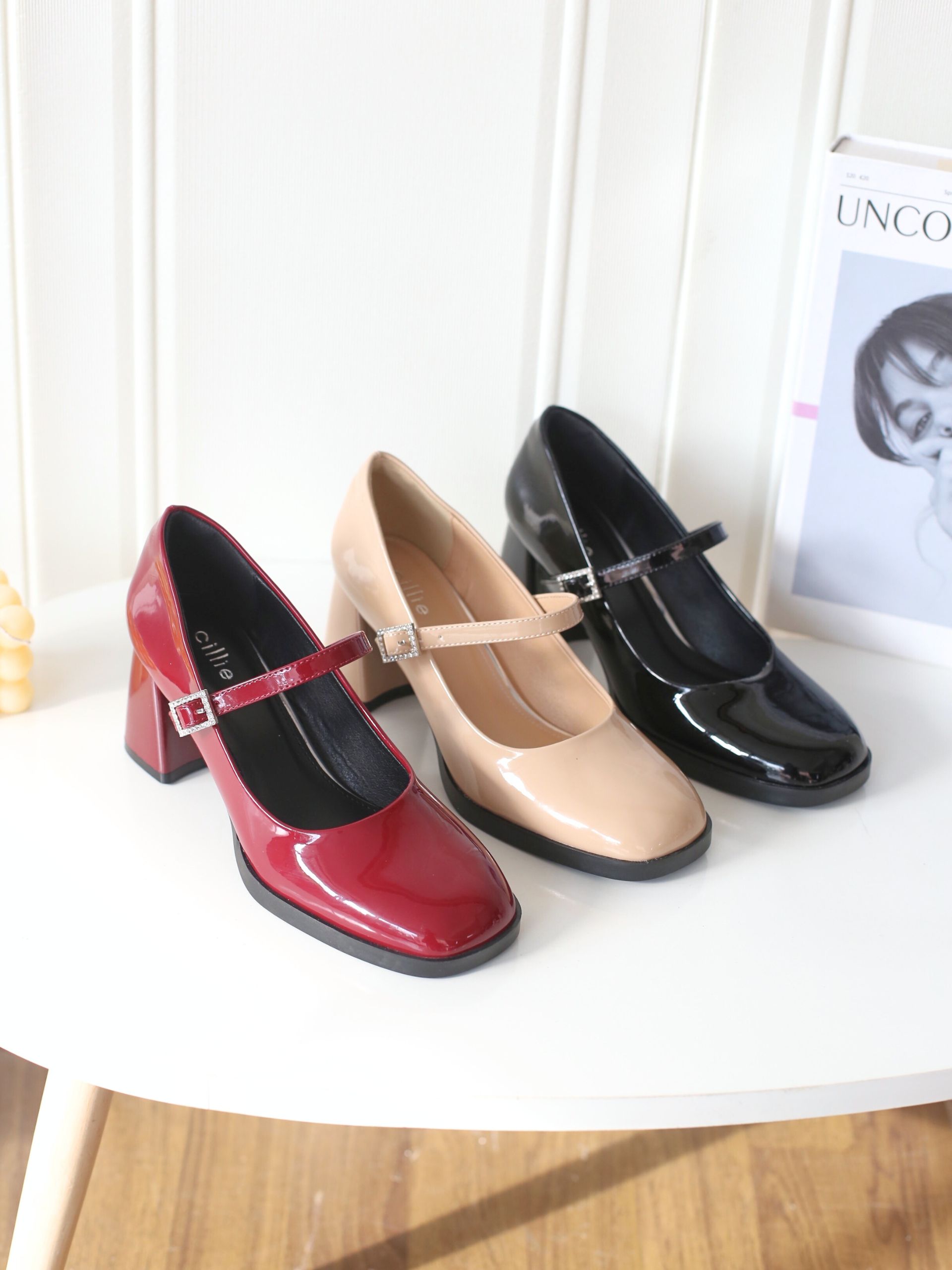 Giày Mary Jane Cao Gót Nữ Cillie Đế Vuông Da PU Trơn Bóng Cao Cấp CG31 ...