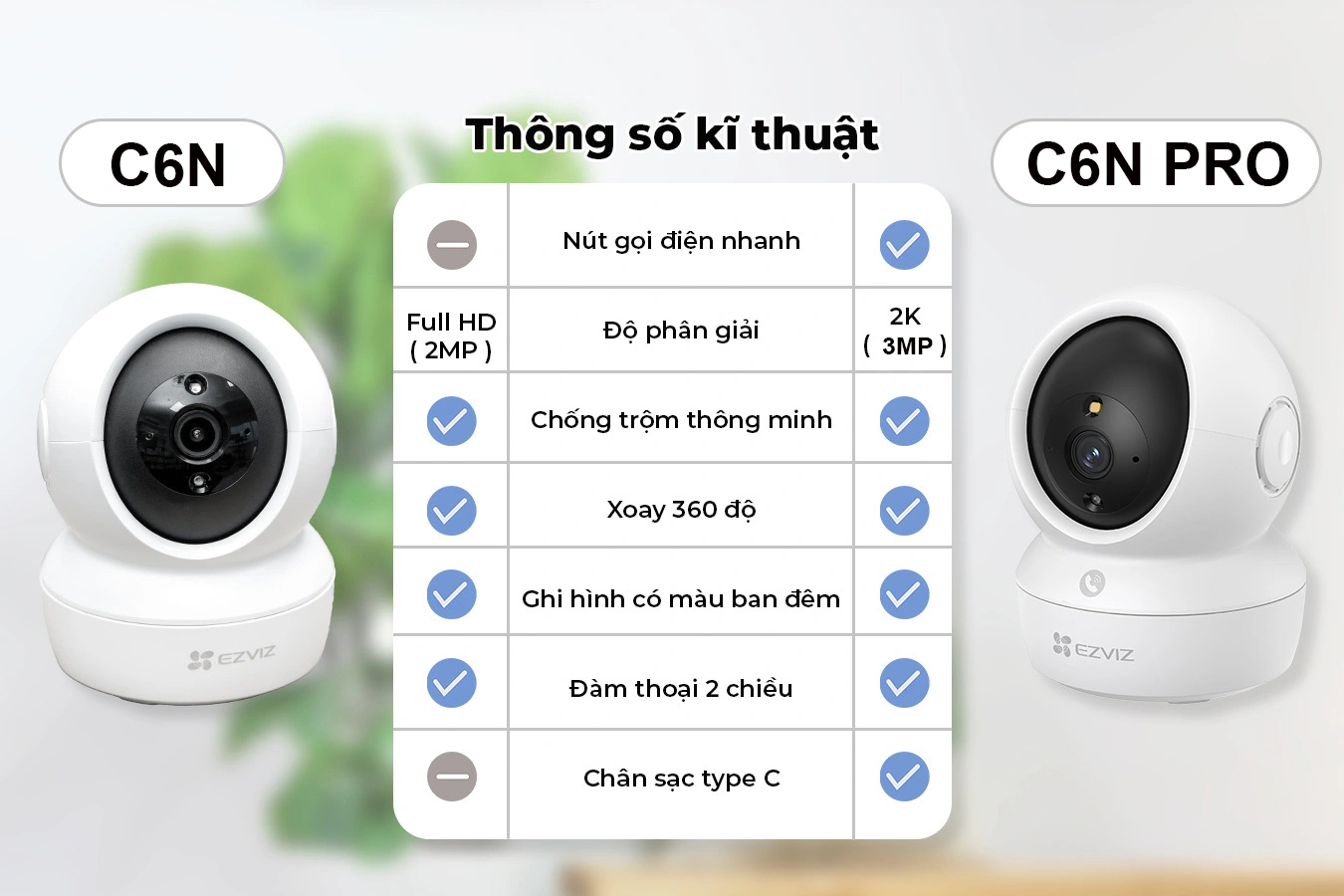 Camera Wifi trong nhà EZVIZ C6N 3MP 2K Đàm thoại 2 chiều, Quay quét 360 độ, Còi Hú Báo Động ...