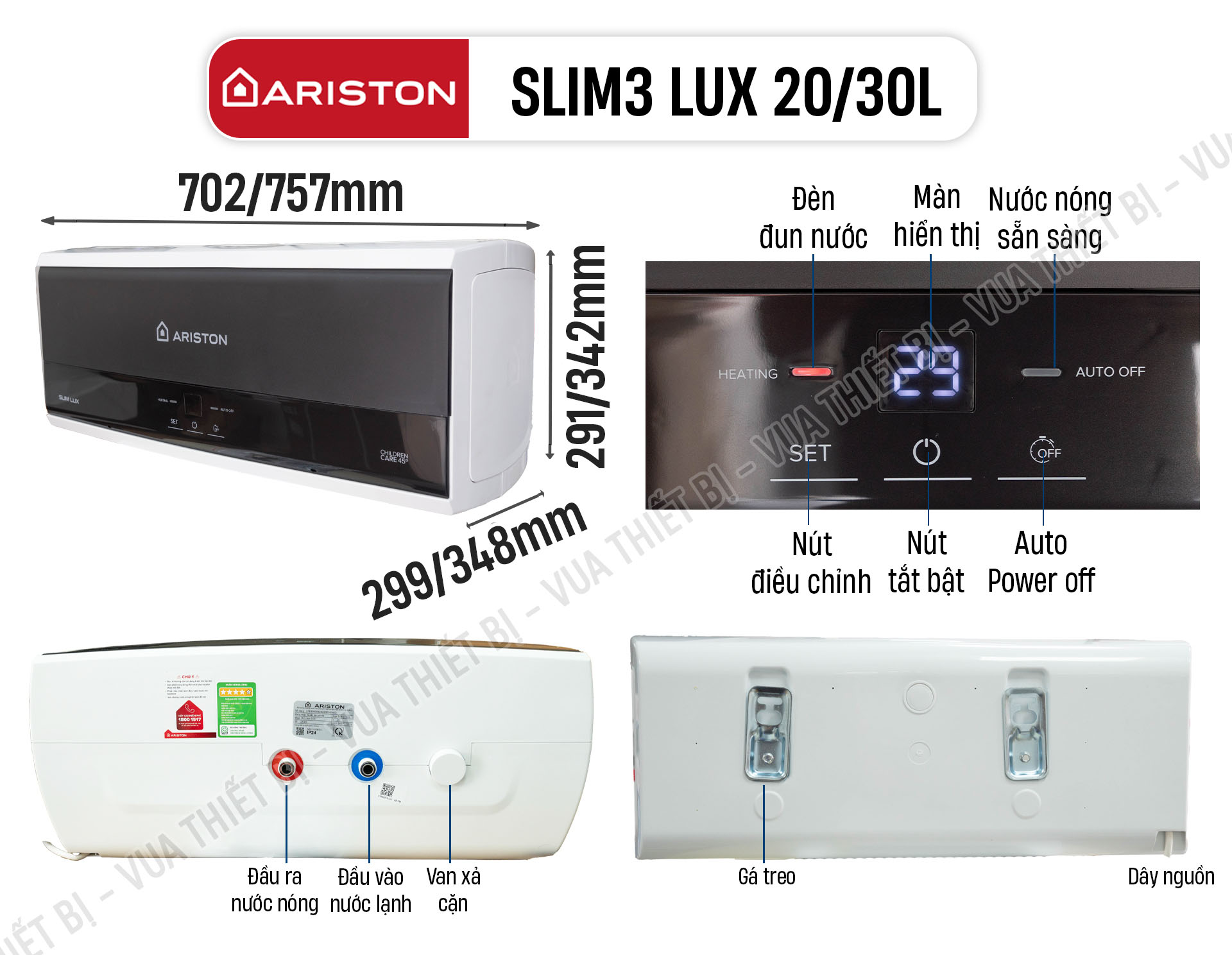 30L | ARISTON SLIM3 LUX 30 Lít Ag+ ngang - Bình nóng lạnh gián tiếp điện tử SL3 VN 2.5FE 2500W ...