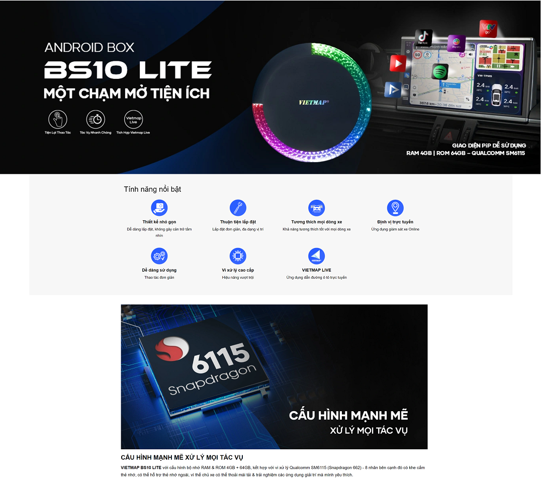 Android box xe hơi Vietmap BS10 Lite Kèm Sim 4G, Dẫn đường Vietmap Live, AppleCarplay ...