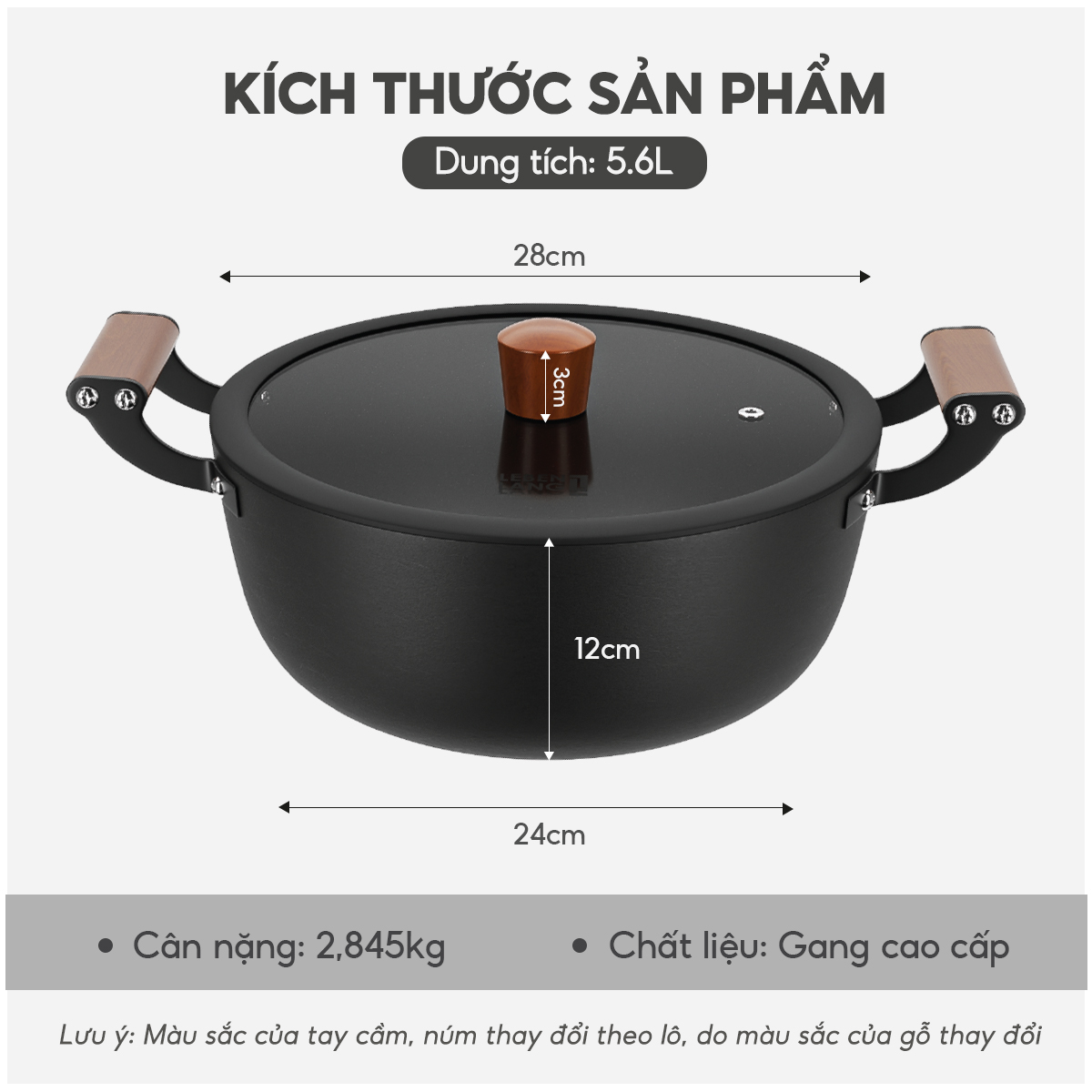 Nồi gang chống dính đa năng Lebenlang LBL2526, size 28, 5.6L, nắp kính ...