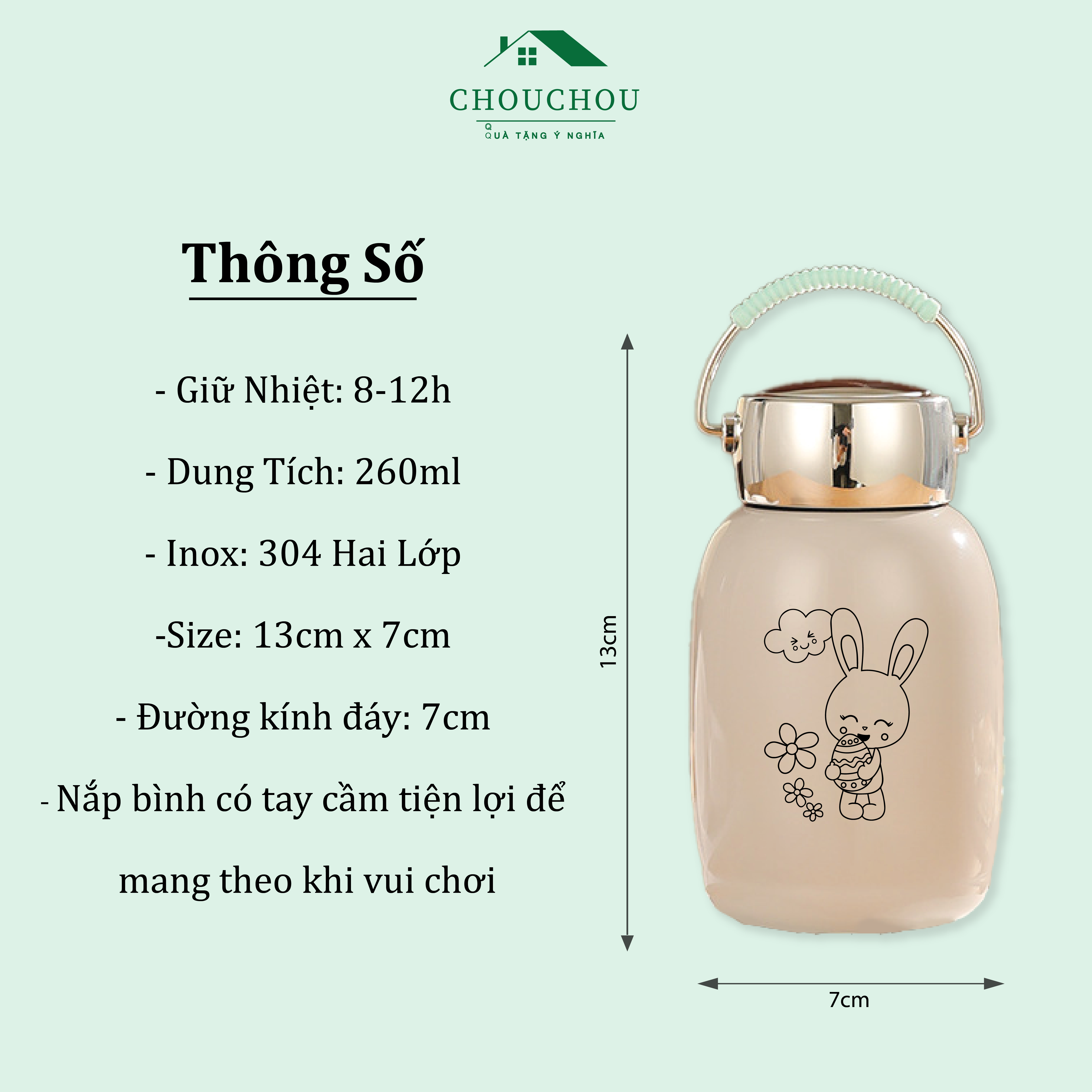 [Miễn Phí Khắc Tên] Bình Giữ Nhiệt Mini CHOUCHOU 260ml - Inox 304, khắc theo yêu cầu ,Có Quai ...