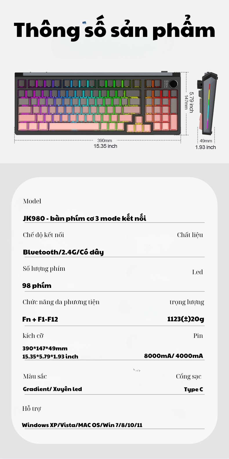 Bàn Phím Cơ Xinmeng X98 Pro Full Size Không Dây Bluetooth Led RGB ...