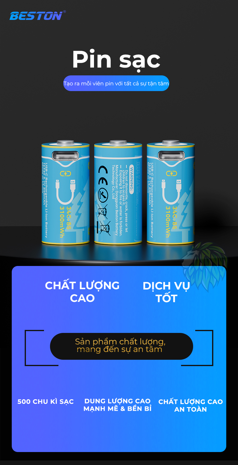 Pin sạc 16340 RCR123A (2 viên) 3100mWh USB Beston Lithium kèm cáp sạc ...