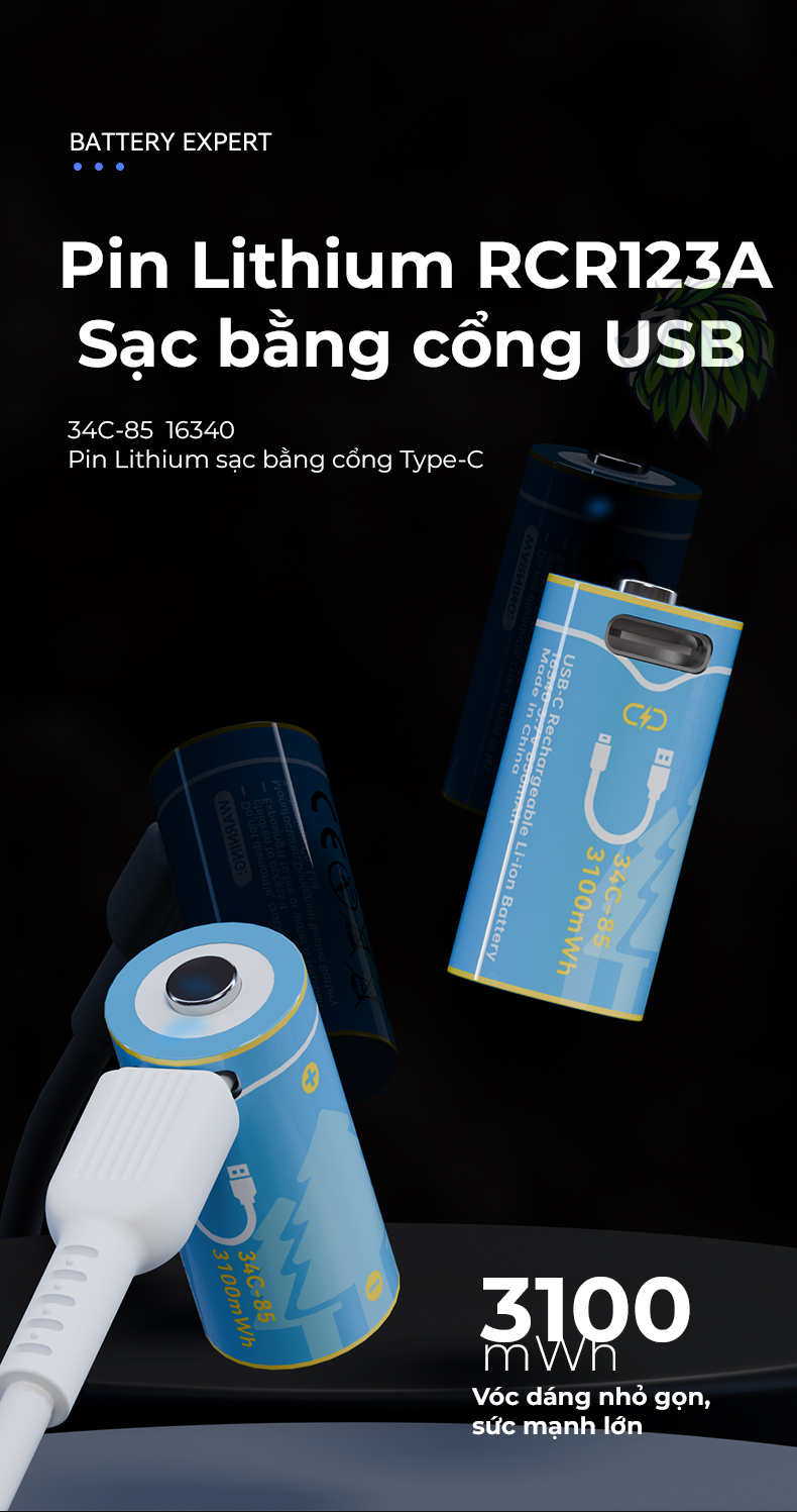 Pin sạc 16340 RCR123A (2 viên) 3100mWh USB Beston Lithium kèm cáp sạc ...