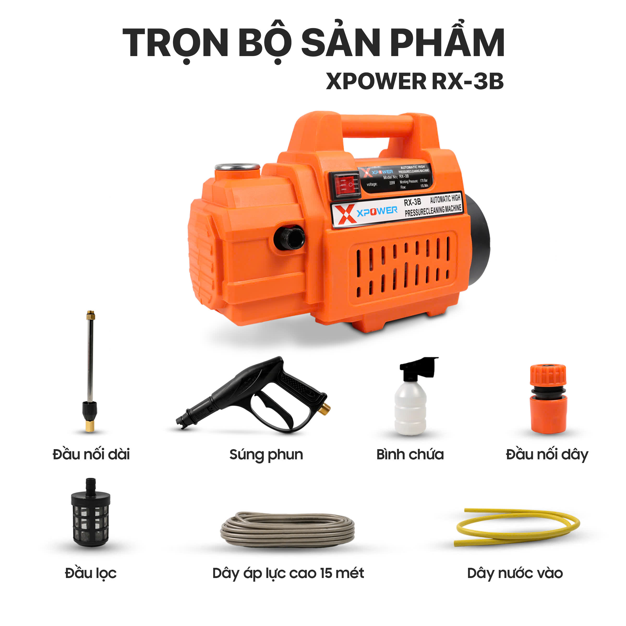 Máy rửa xe XPOWER RX-3B 3800W,Máy xịt rửa gia đình tặng bình bọt tuyết ...