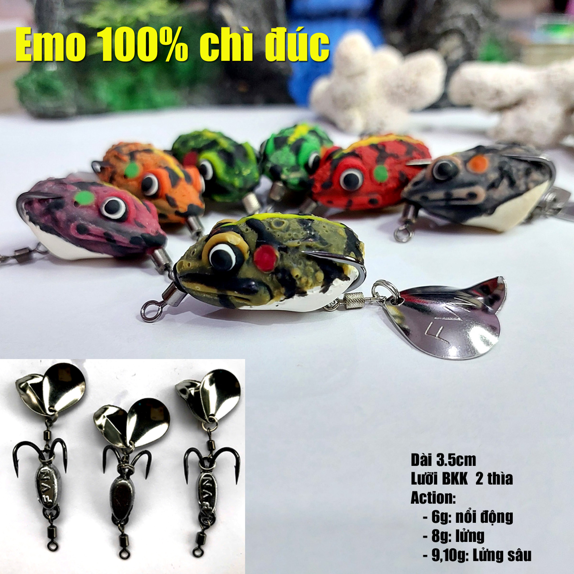 Emo BJ (CHÌ ĐÚC), nhái hơi Chì Đúc dài 3.5cm, lưỡi BKK 2 thìa, chống gỉ ...