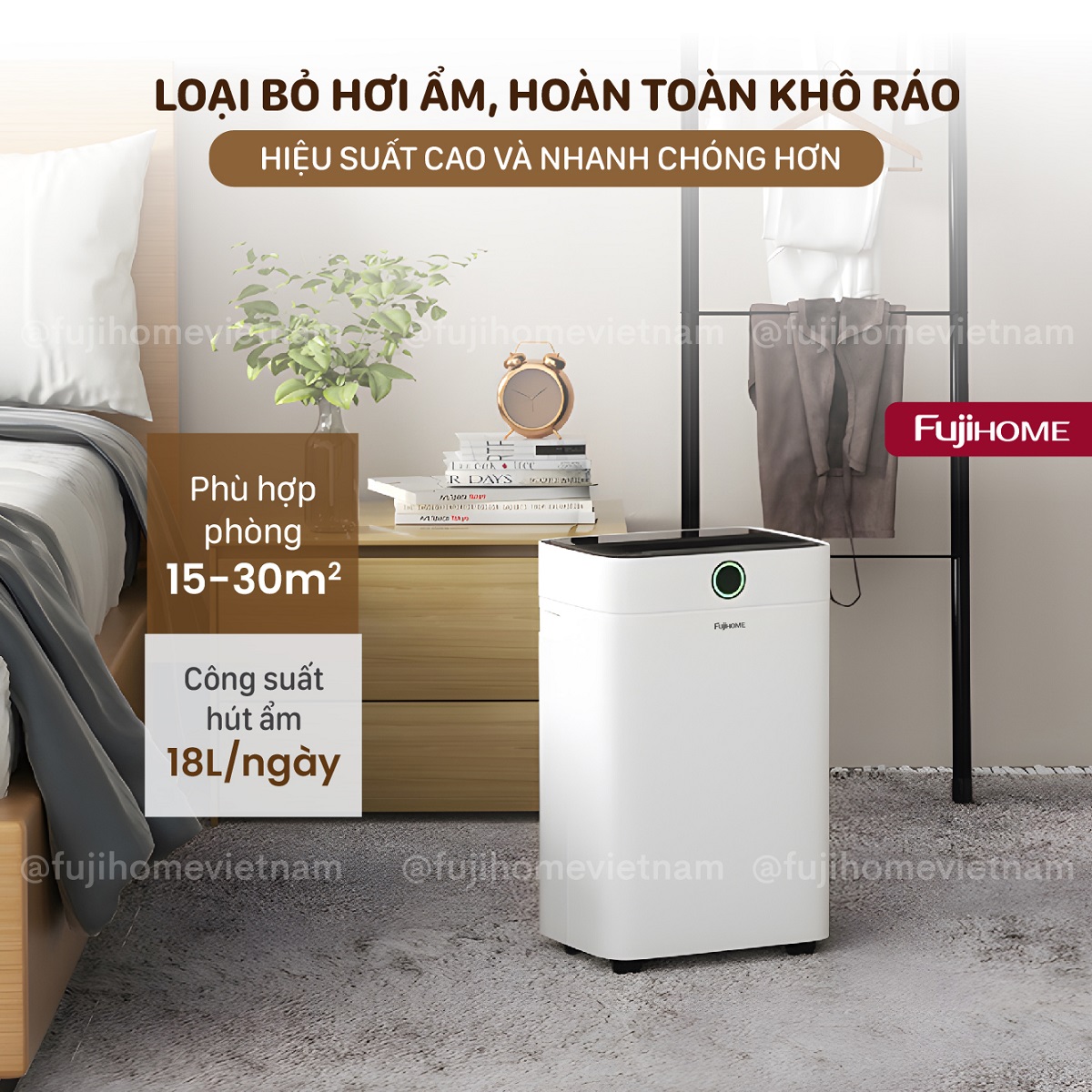 Máy hút ẩm 18L/ngày bằng máy nén Block lọc không khí HEPA diệt khuẩn UV FUJIHOME DH18W kết nối ...