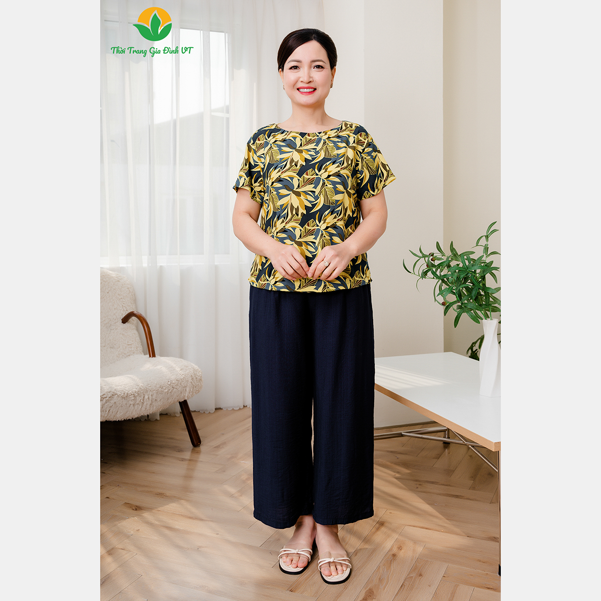 Bộ áo lanh phối quần linen trung niên, quần dài áo cộc tay họa tiết ...