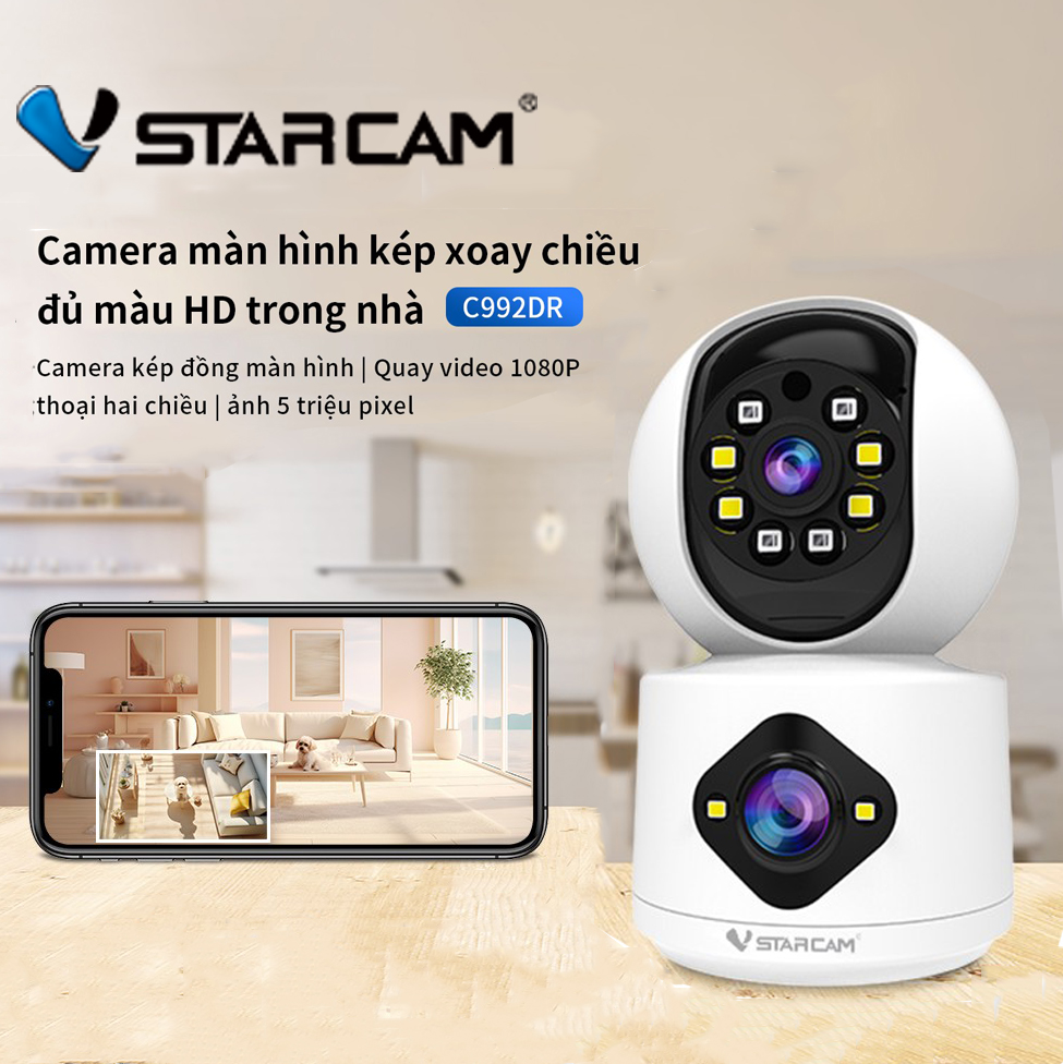 Camera Wifi hai mắt Vstarcam C992DR Full HD xoay 360 độ, đàm thoại 2 chiều, xem 2 màn hình ...
