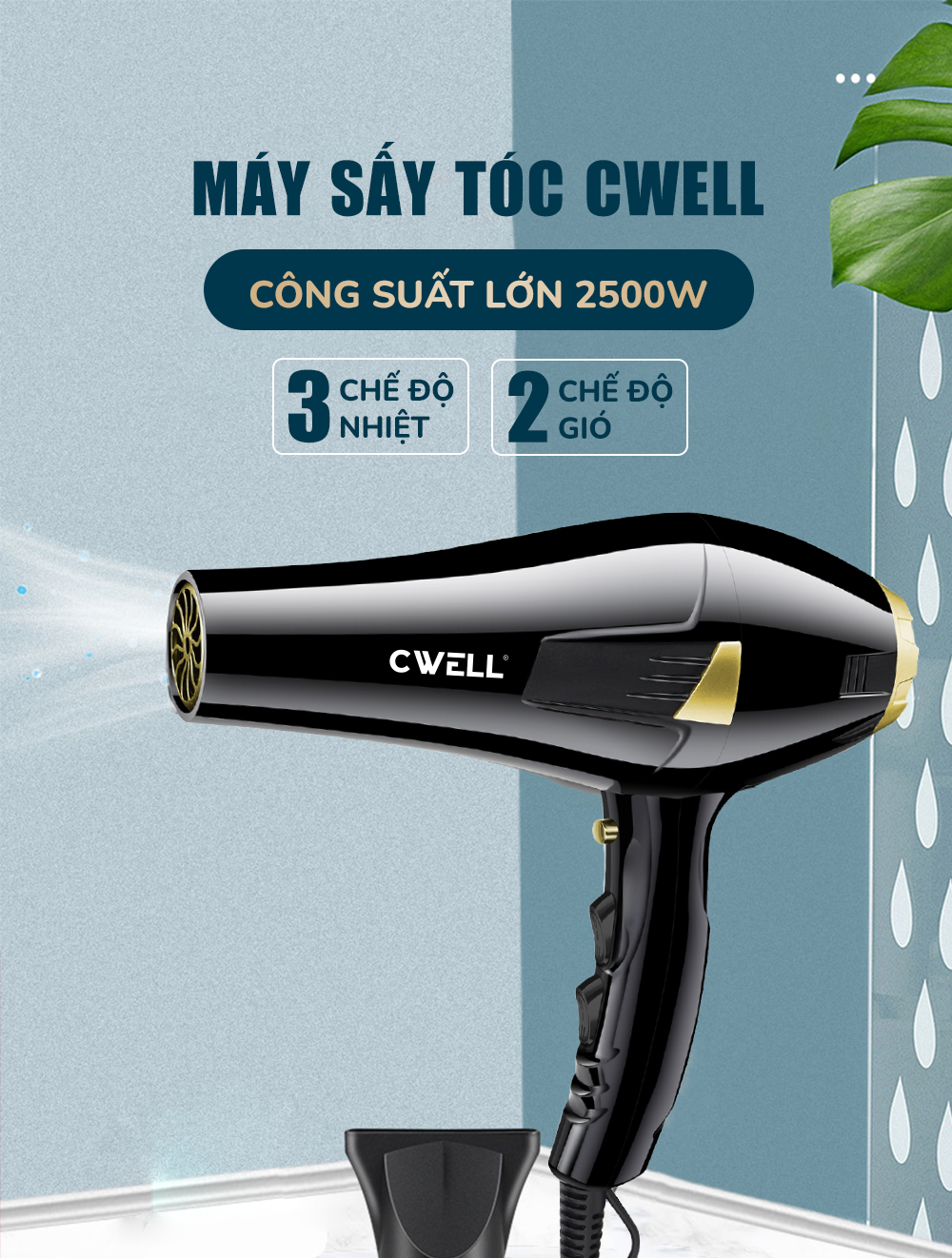 Máy sấy tóc chuẩn Salon 2500W CWELL, 6 chế độ sấy kép cực mạnh, tích ...