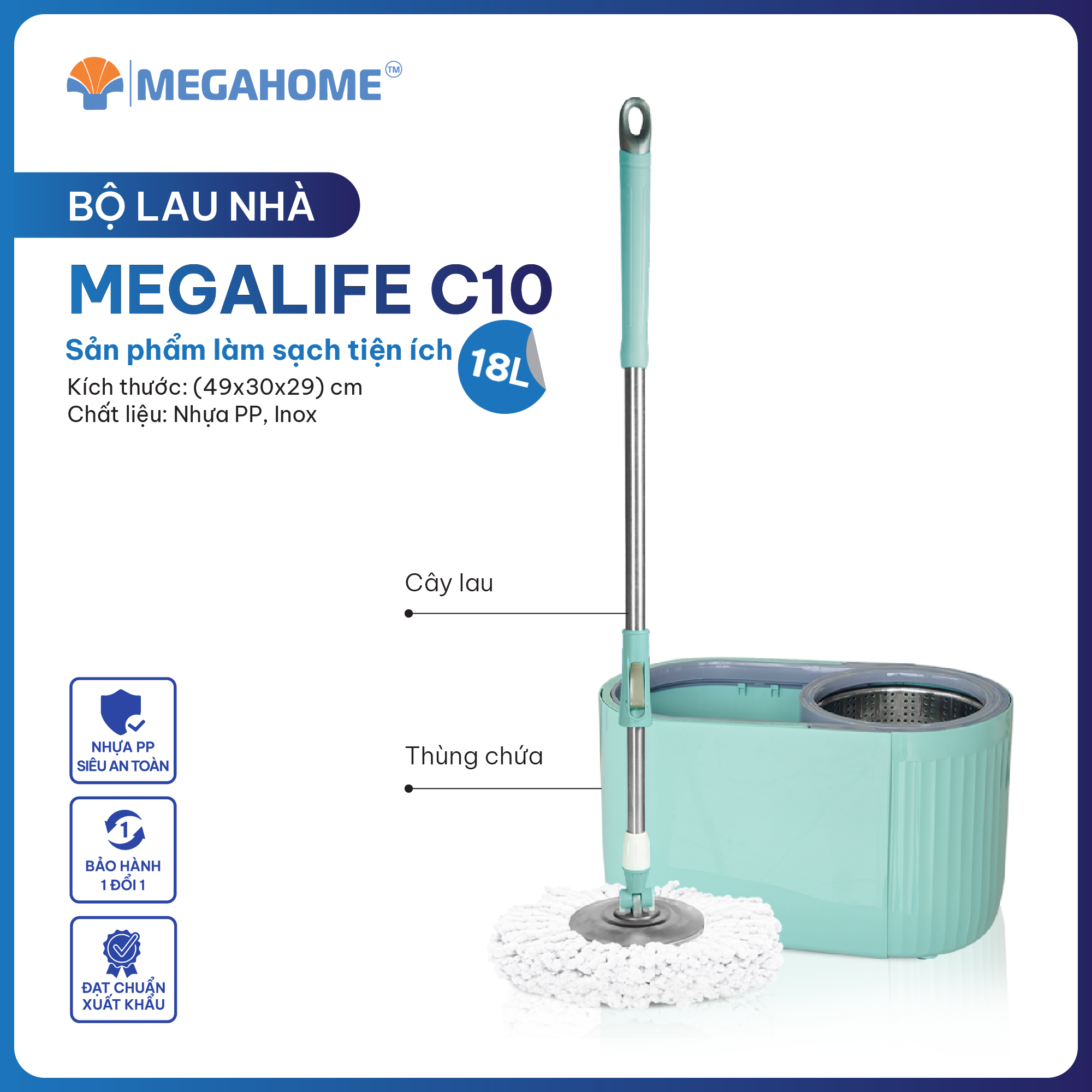 [Tặng 1 bông] Bộ lau nhà Megalife C10 Megahome dung tích 18l, lồng vắt ...