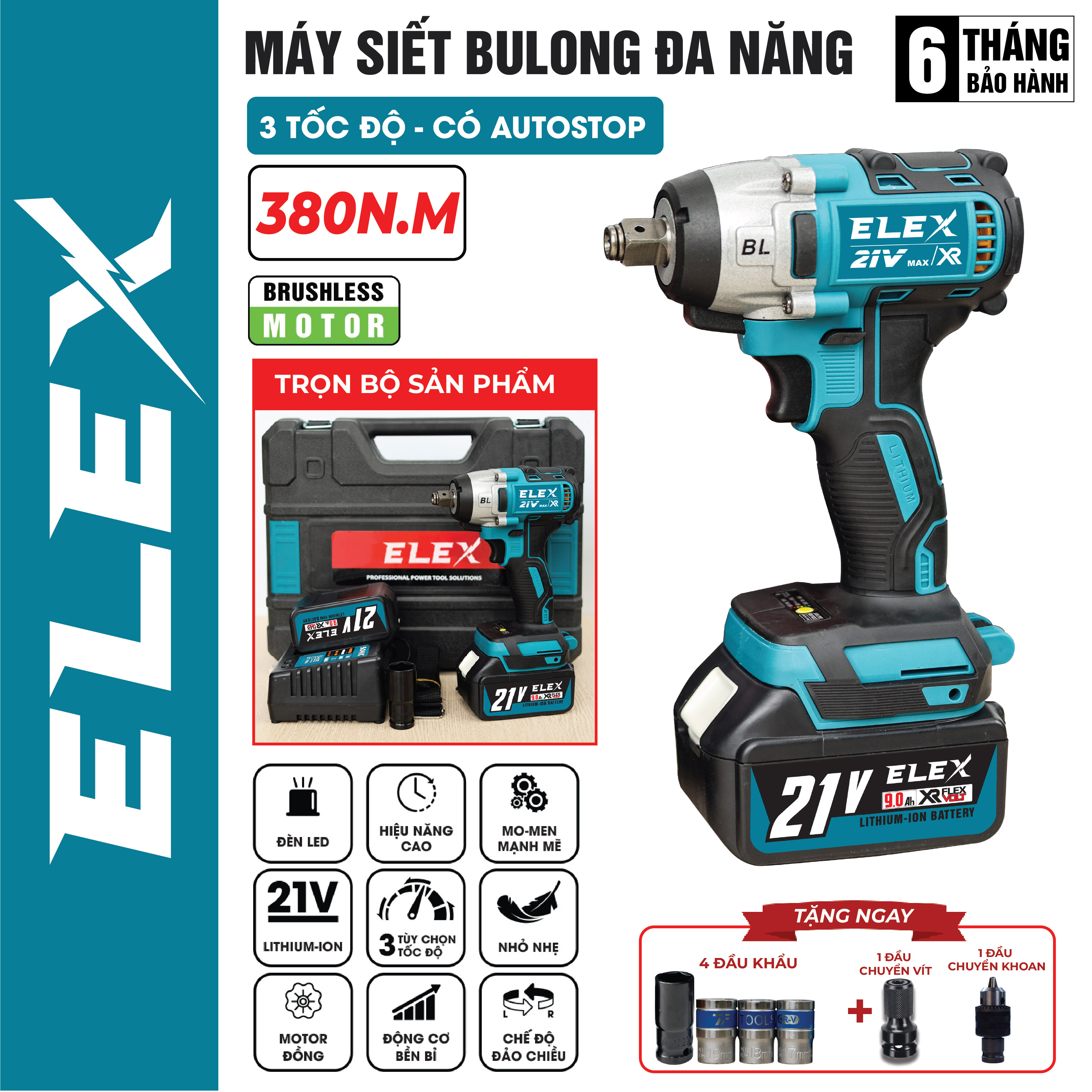 Máy Siết Bulong Pin Elex, Lực Siết 380Nm, Mở ốc nồi xe ga, ốc bulong, bắt vít, khoan, Đầu 2 ...