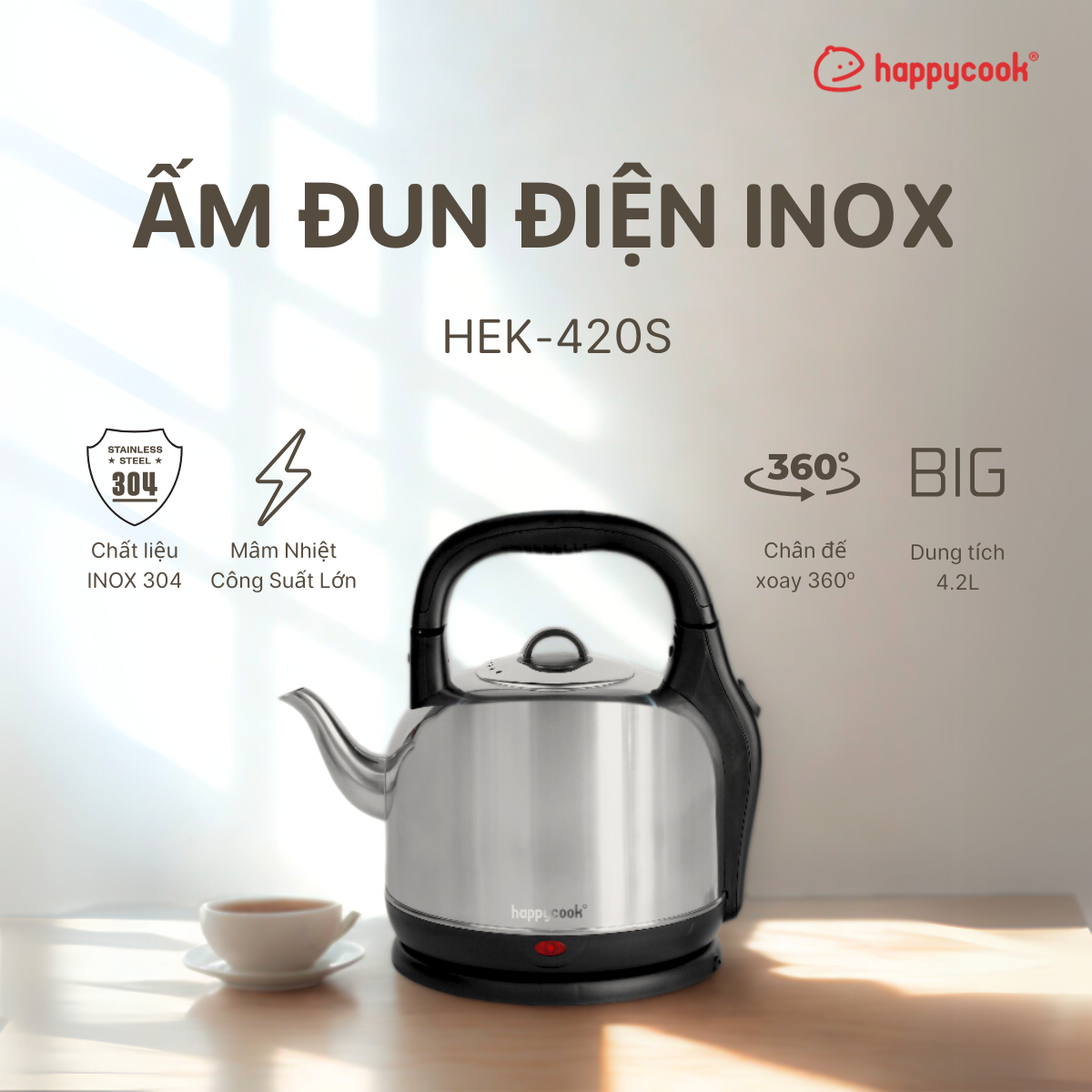 Ấm Điện Đun Nước Siêu Tốc 4.2L HAPPYCOOK, Inox 304, Nắp rời, Tự động ngắt khi sôi, Hek-420s ...