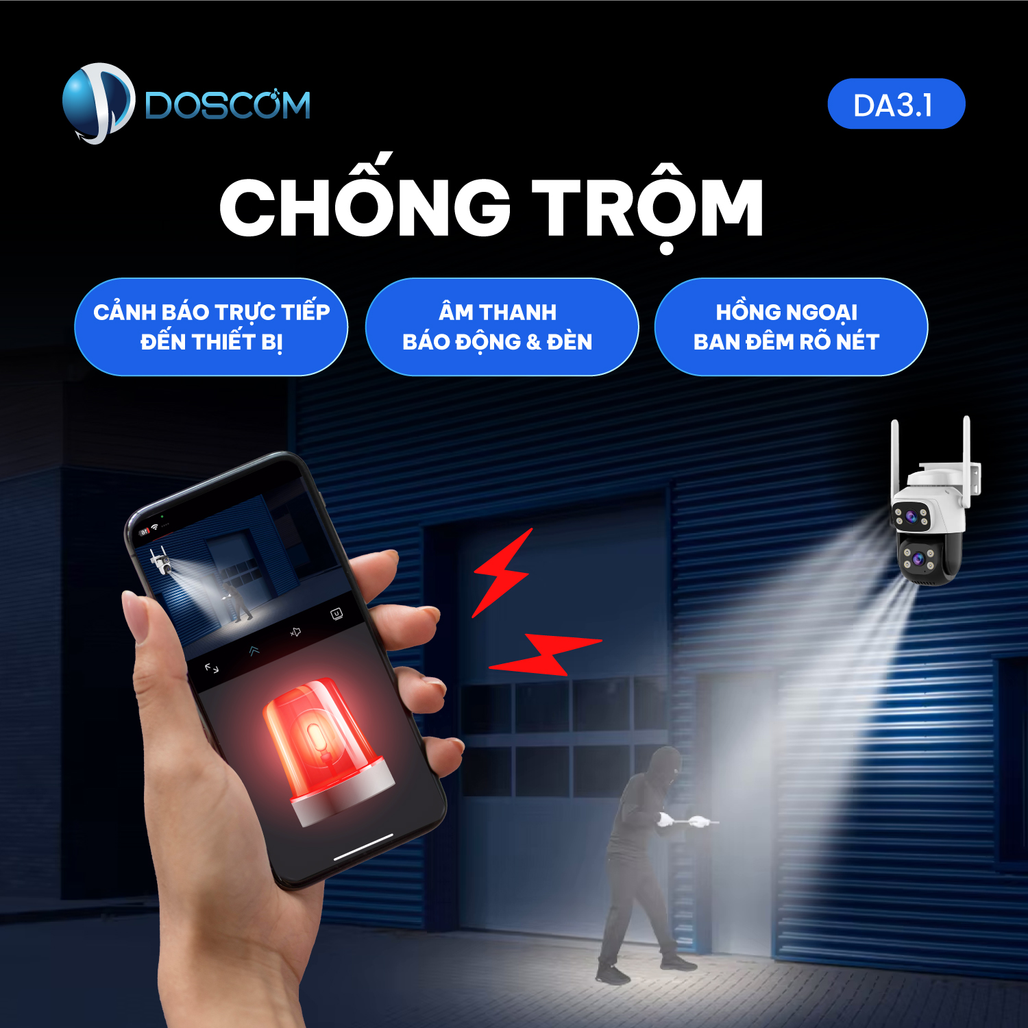 Camera Wifi ngoài trời Doscom DA3.1 tích hợp 2 mắt kép 6MP giám sát 360 độ góc rộng không điểm ...