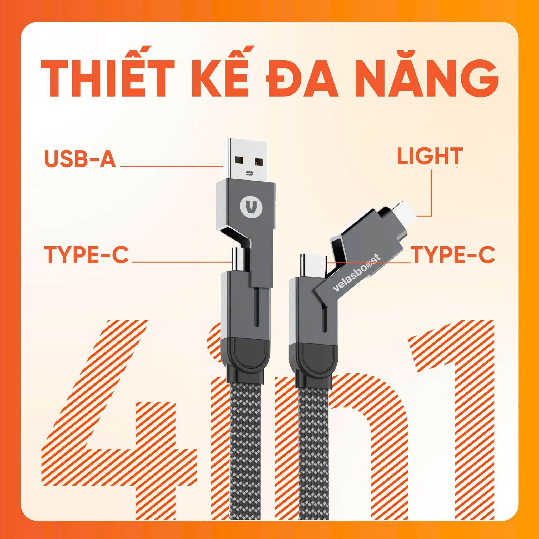 Dây sạc nhanh 4 trong 1 velasX velasboost, Truyền dữ liệu, Bọc dù, Đầu ...