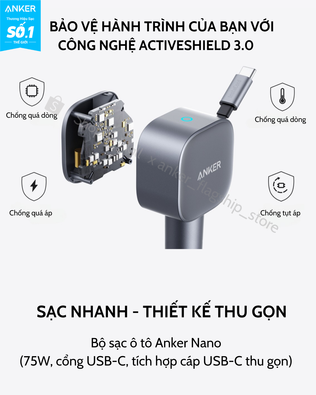 Tẩu sạc xe hơi Anker Nano 75W tích hợp 1 cáp USB-C (Một cổng USB-C 30W) sạc 2 thiết bị hỗ trợ ...