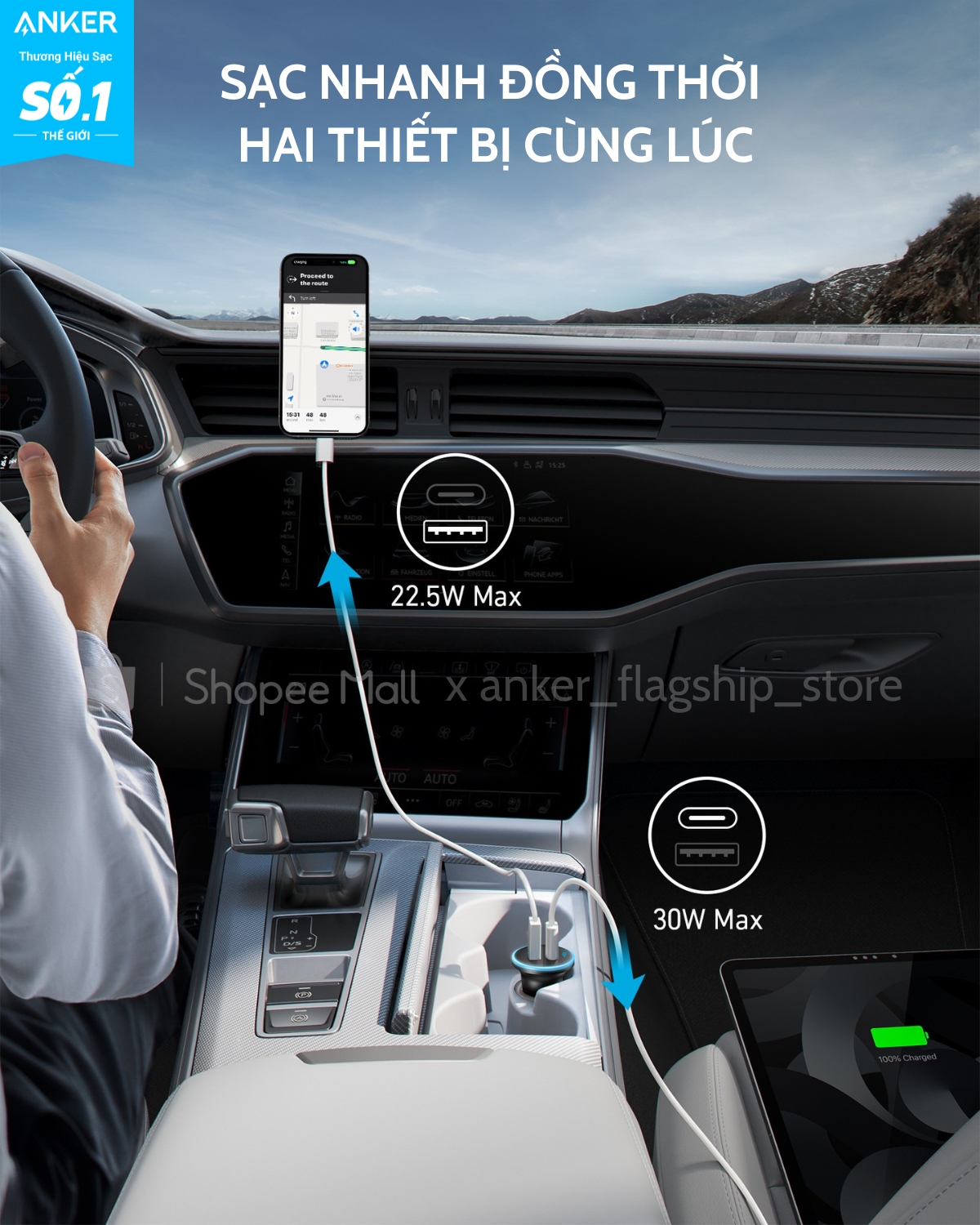 Tẩu sạc xe hơi Anker 52.5W (1 cổng USB-C, 1 cổng USB-A) sạc 2 thiết bị hỗ trợ PowerIQ 3.0 ...