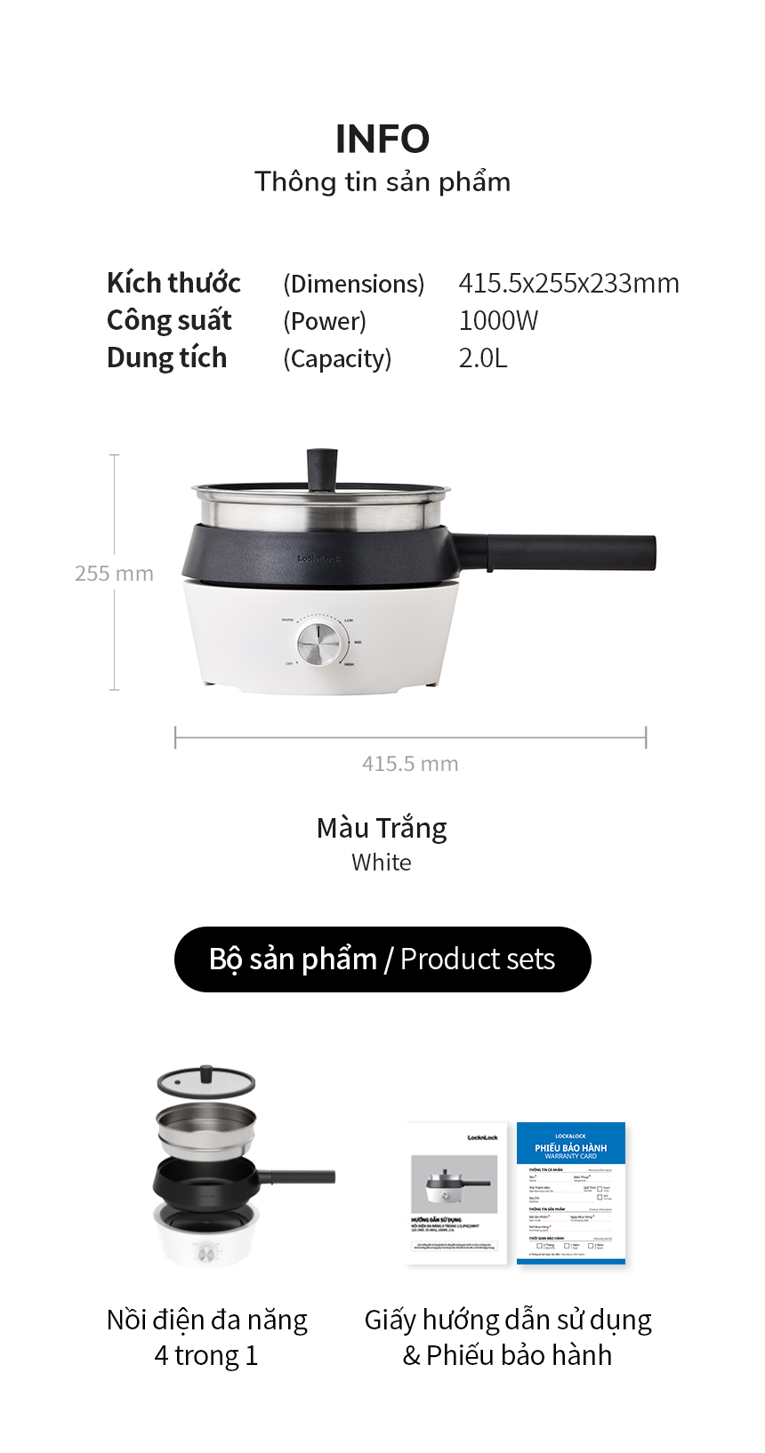 Nồi điện đa năng LocknLock 0.8L Kèm Khay Hấp Trứng, nồi lẩu mini, nấu ...