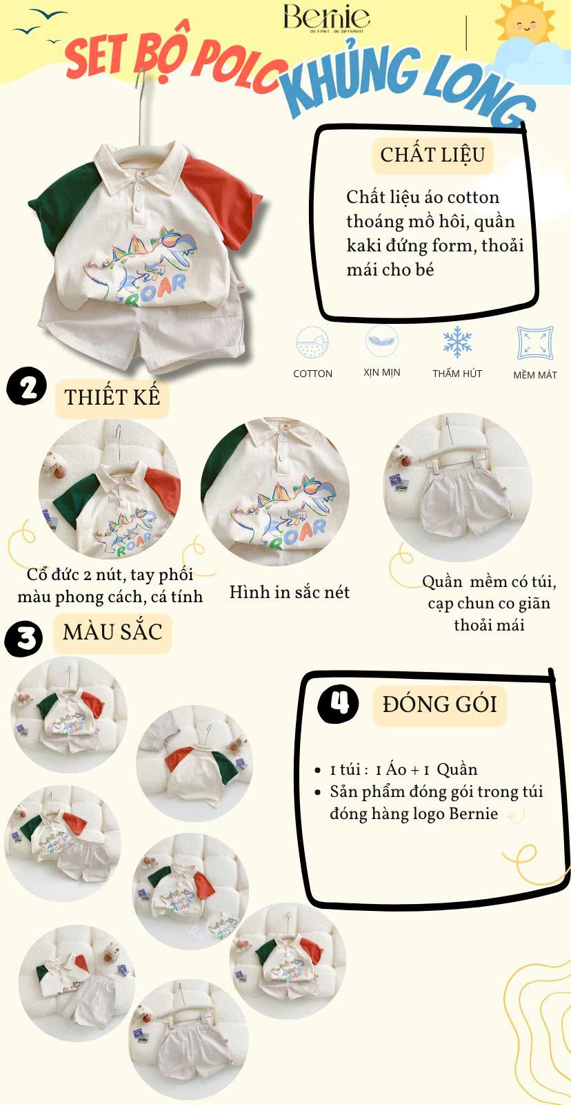 Set bộ polo khủng long sắc màu bé trai áo thun và quần short đùi kaki 9kg tới 28kg BERNIE ...