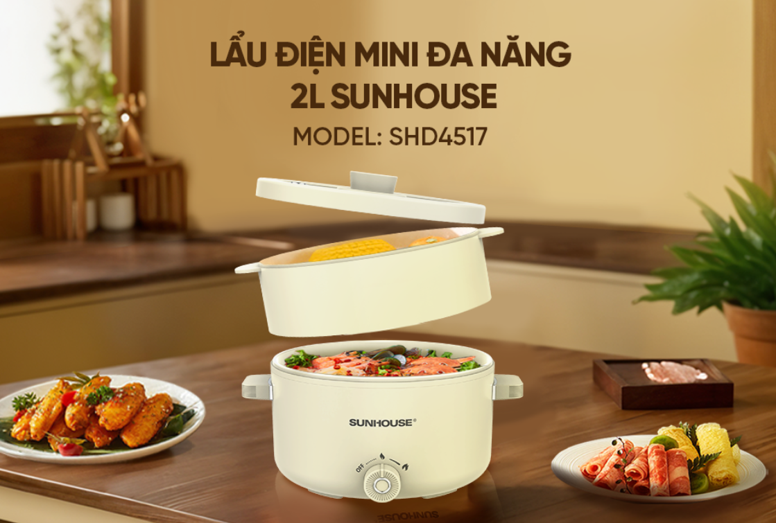 LẨU ĐIỆN MINI KÈM XỬNG 2.0L SUNHOUSE SHD4517 - Lòng nồi chống dính ...