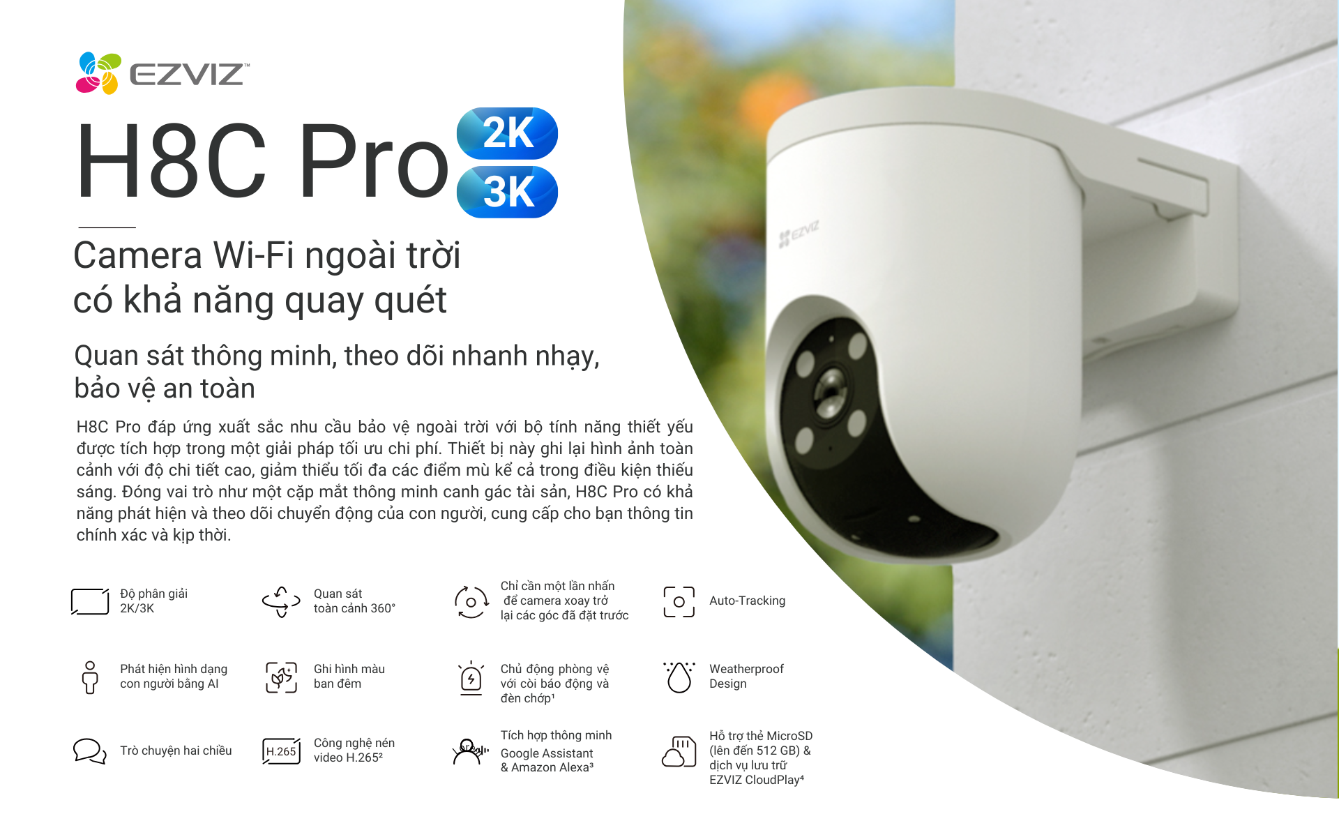 Camera WIFI EZVIZ H8C Pro 3MP / 5MP, Quay Ngoài Trời 360 Độ, Đàm Thoại ...