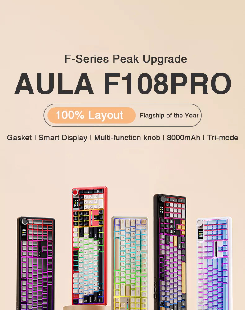 Bàn Phím Cơ Không Dây AULA F108 pro - 3 mode - Mạch Xuôi - Màn hình TFT ...