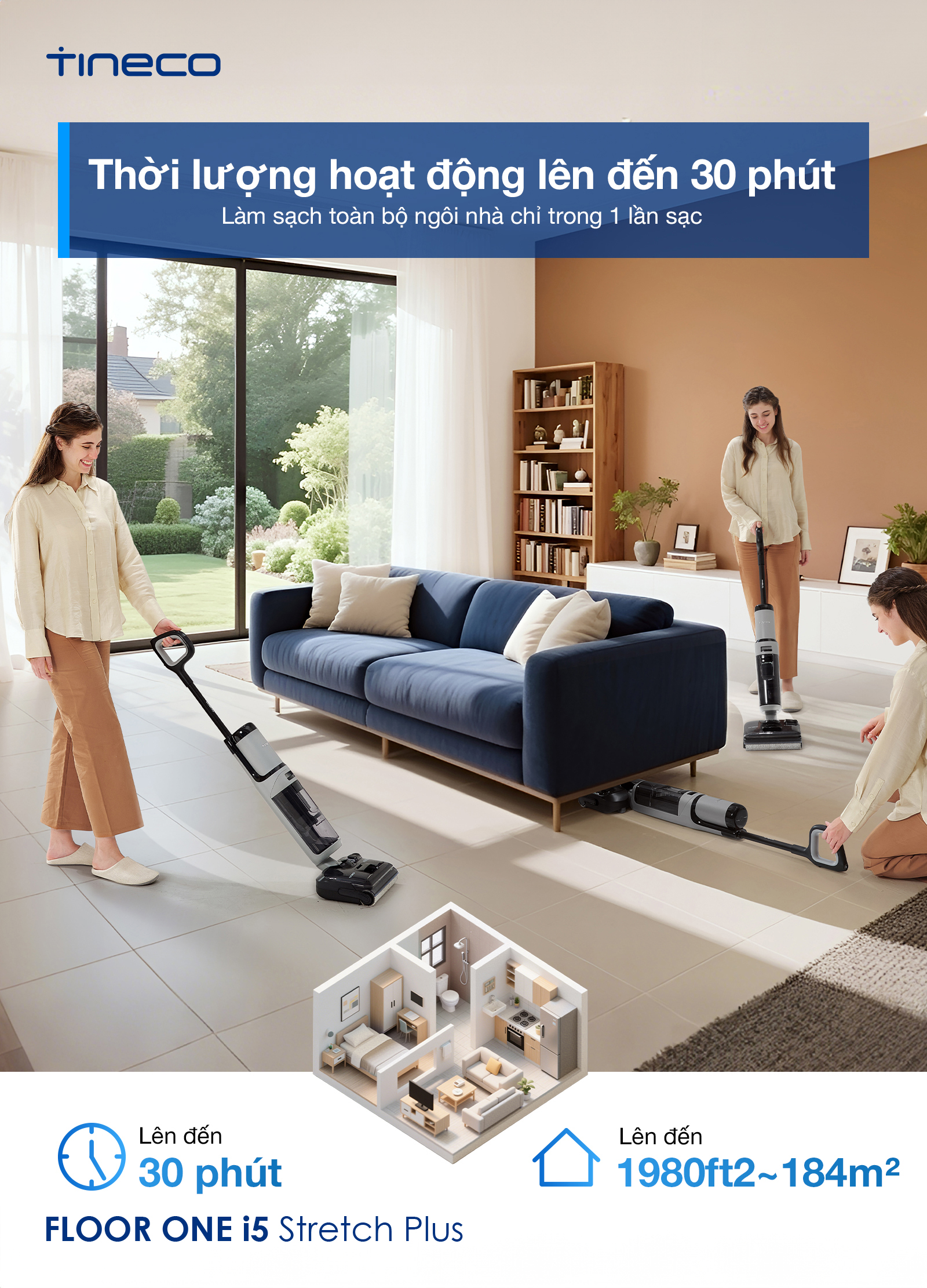 Máy hút bụi lau sàn Tineco Floor One i5 Stretch Plus-Lực hút 20000Pa-Ngả phẳng 180º-sử dụng tối ...