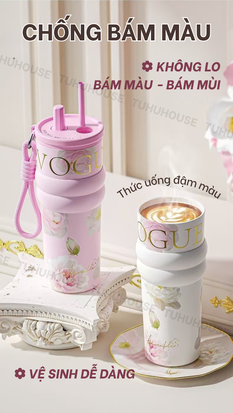 Ly giữ nhiệt Vogue 710ml có ống hút, bình giữ nhiệt Inox 316 lót gốm cao cấp có dây xách ...