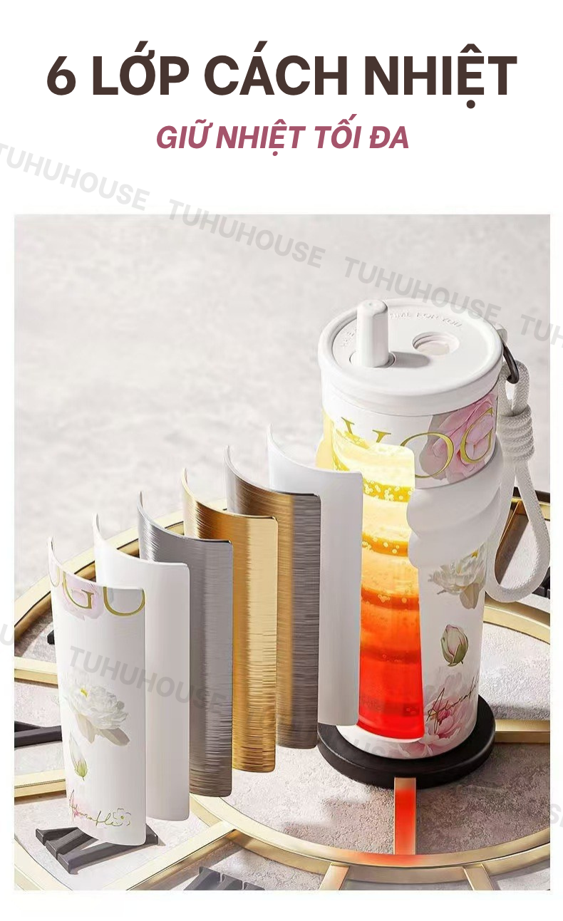 Ly giữ nhiệt Vogue 710ml có ống hút, bình giữ nhiệt Inox 316 lót gốm cao cấp có dây xách ...