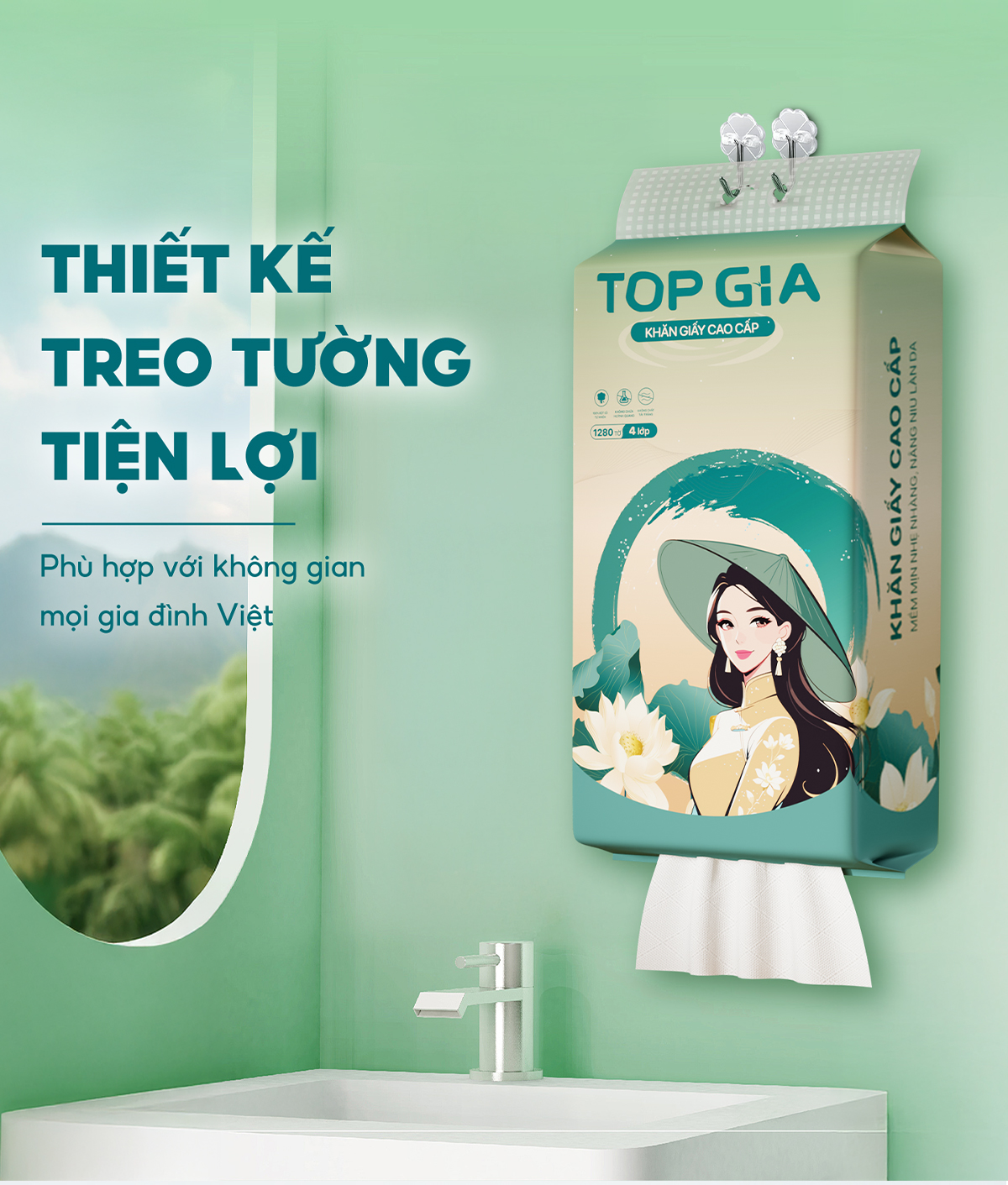 Khăn giấy rút treo tường TopGia Sắc Việt 1280 tờ, giấy vệ sinh dành cho gia đình Việt, tặng móc ...