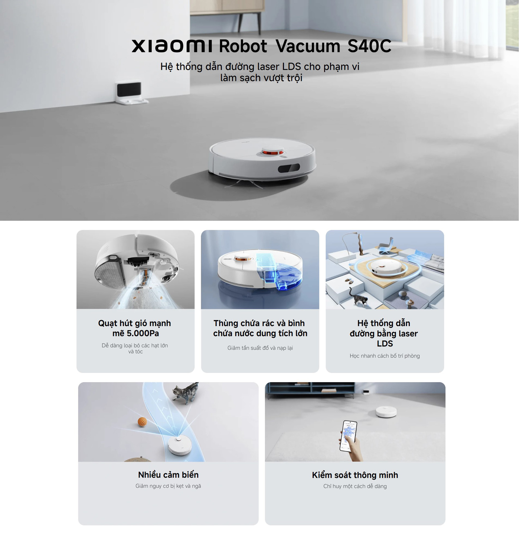Robot hút bụi lau nhà Xiaomi Robot Vacuum S40C - Lực hút 5000Pa - Kiểm ...