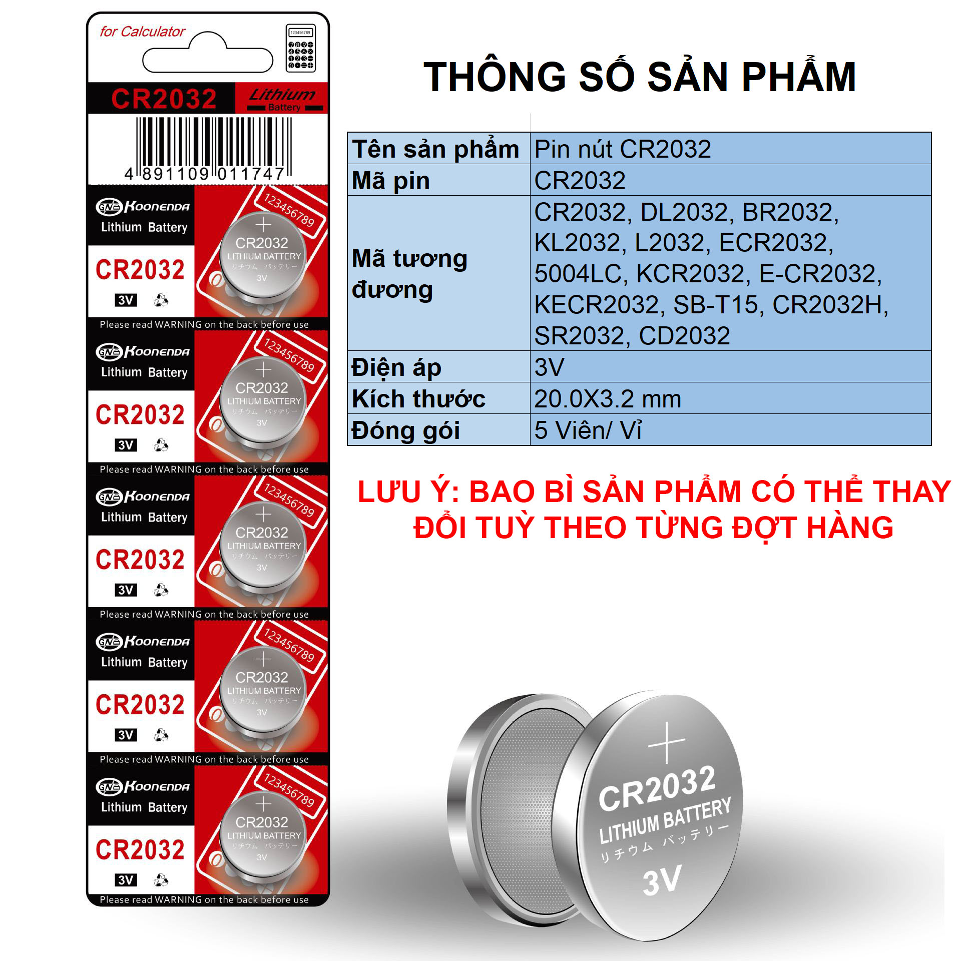 Vỉ 5 Viên Pin Khuy Cúc Áo 3V Lithium CR2032 / CR2025 / CR2016 / CR1632 ...