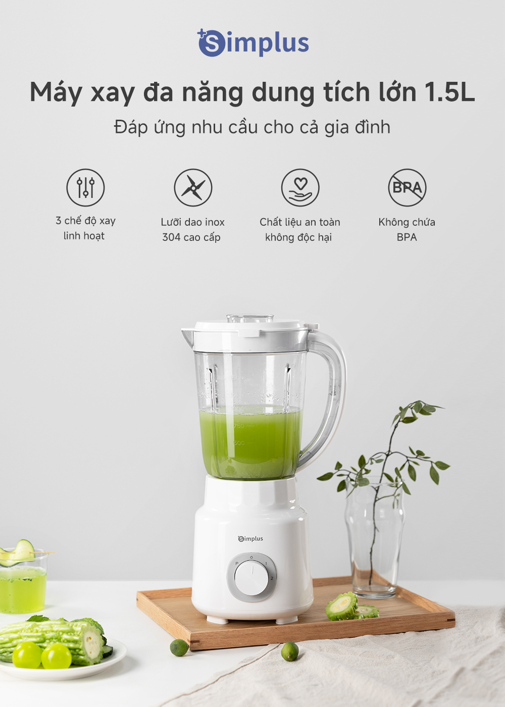 Simplus Máy xay đa năng Dung tích lớn 1.5L Lưỡi dao inox 304 2 mức độ ...