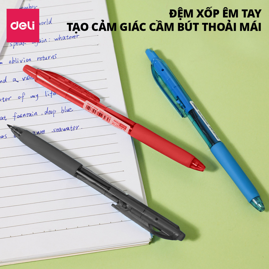 Combo 5/10/20 Bút Bi Bấm Ngòi 0.5mm Deli Mực Xanh/Đen/Đỏ Nét Mảnh Ngòi Bi Cao Cấp Mượt Có Đệm ...