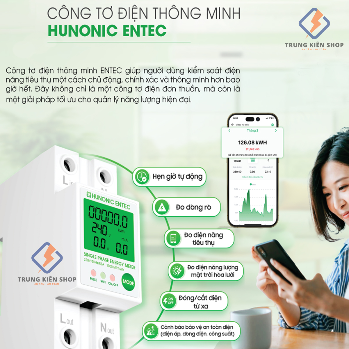 [CÓ VAT] Công Tơ Điện Tử Wifi Hunonic Entec, Entec Pro, Đóng Cắt, Theo Dõi, Đo Điện Năng Tiêu ...