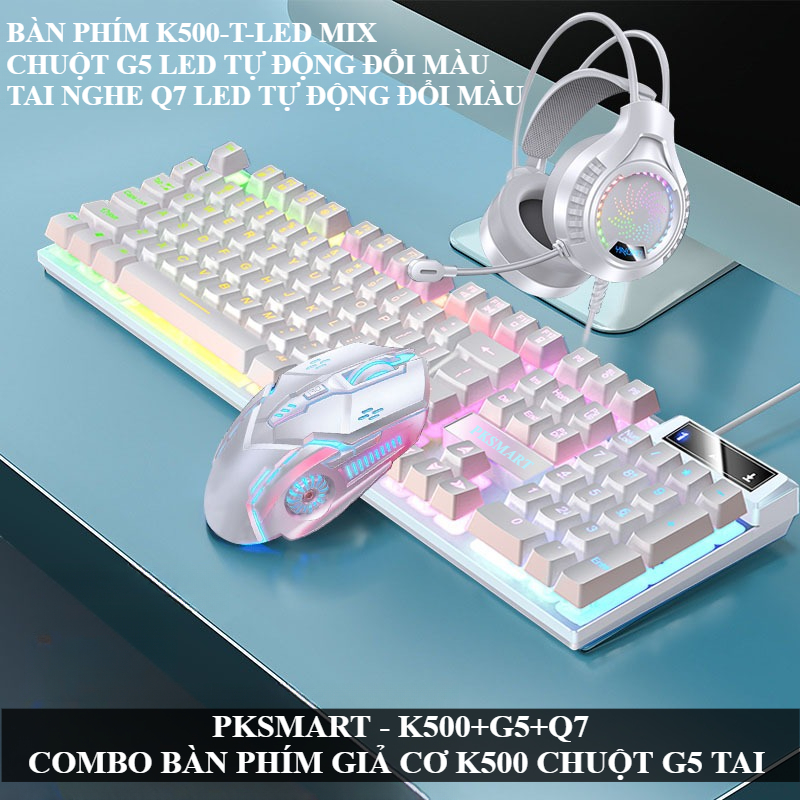 Bàn Phím Chuột Tai Nghe Có Dây - PKSMART x K500+G5+Q7 - LED Xuyên Chữ - Gõ Siêu Êm - Dùng Cho ...