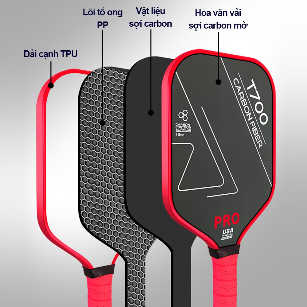Vợt Pickleball T700 FIBER PRO Sợi Carbon Bề Mặt Nhám Siêu Nhẹ Nhiều Màu ...