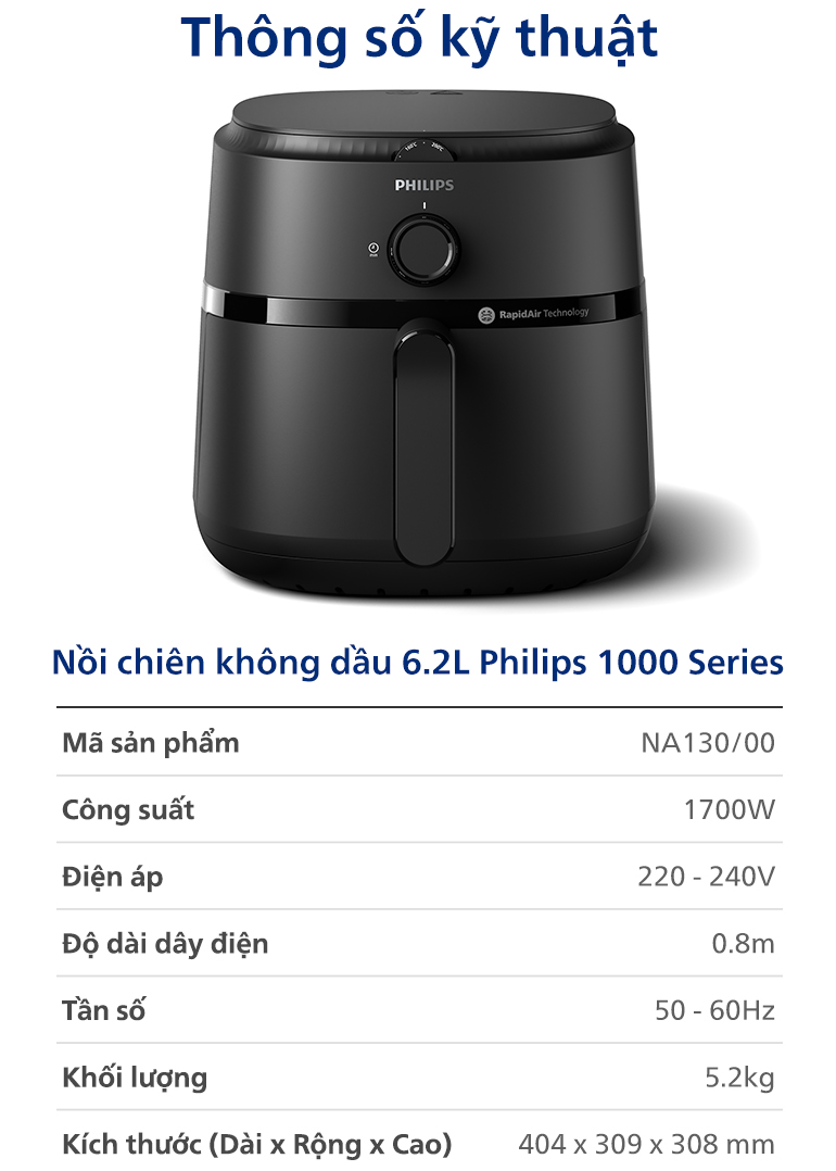 Nồi chiên không dầu Philips NA130/00 6.2 lít - Công suất 1700W - Công ...