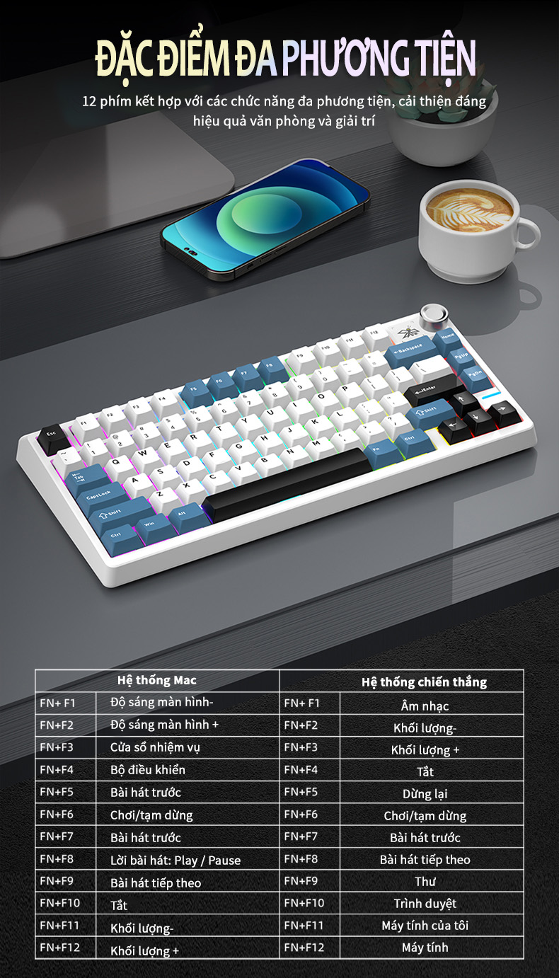 Bàn phím cơ không dây JBLUE F75 - 3 mode kết nối - Hỗ trợ hotswap - LED RGB nhiều chế độ ...