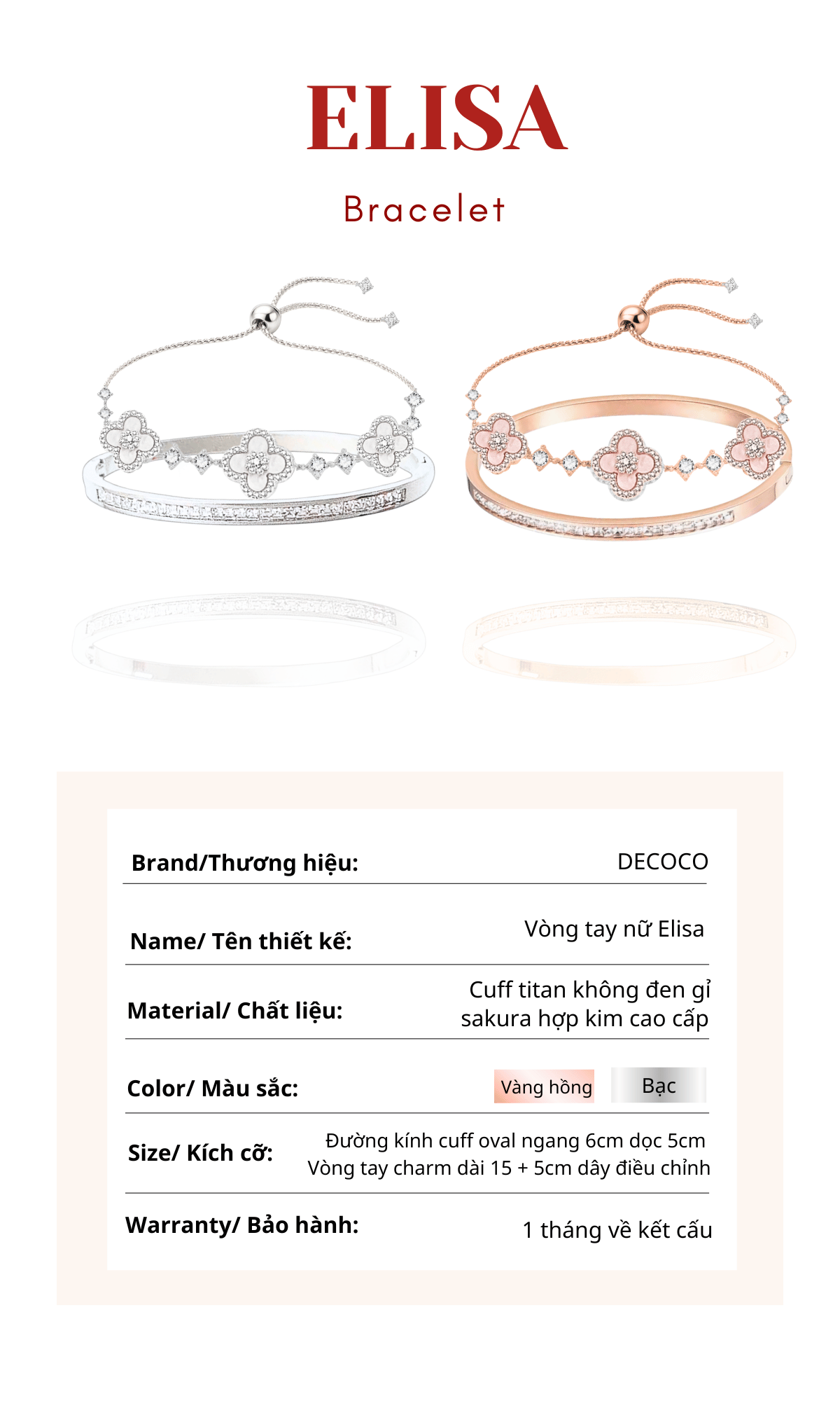 Set vòng tay cỏ 4 lá charm hoa & cuff titan không han gỉ ELISA DECOCO ( kèm Túi giấy + Hộp ...