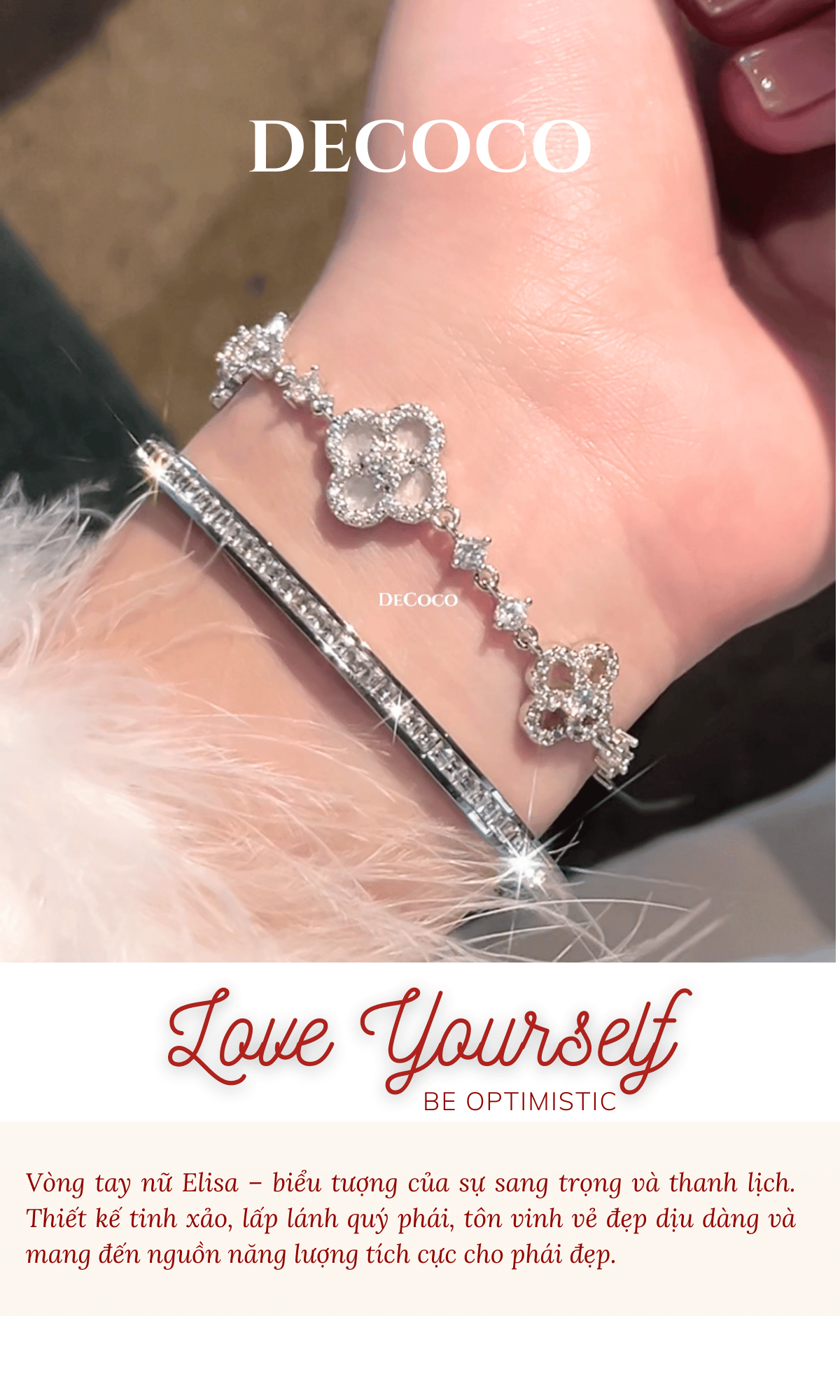 Set vòng tay cỏ 4 lá charm hoa & cuff titan không han gỉ ELISA DECOCO ( kèm Túi giấy + Hộp ...