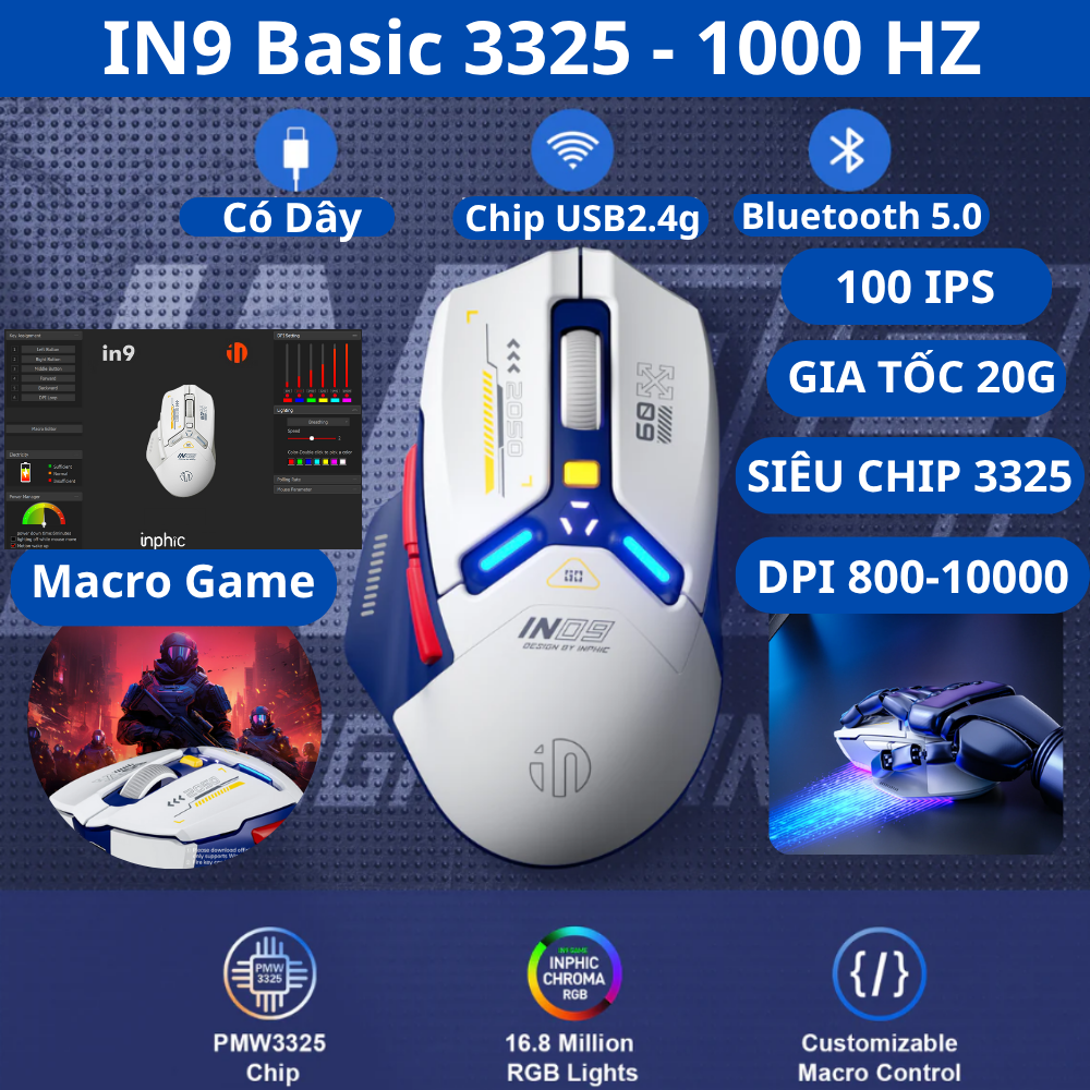 Chuột không dây Gaming Maxcotech Inphic IN9 siêu chip 3311 dùng pin sạc, đa kết nối đa tác vụ từ ...