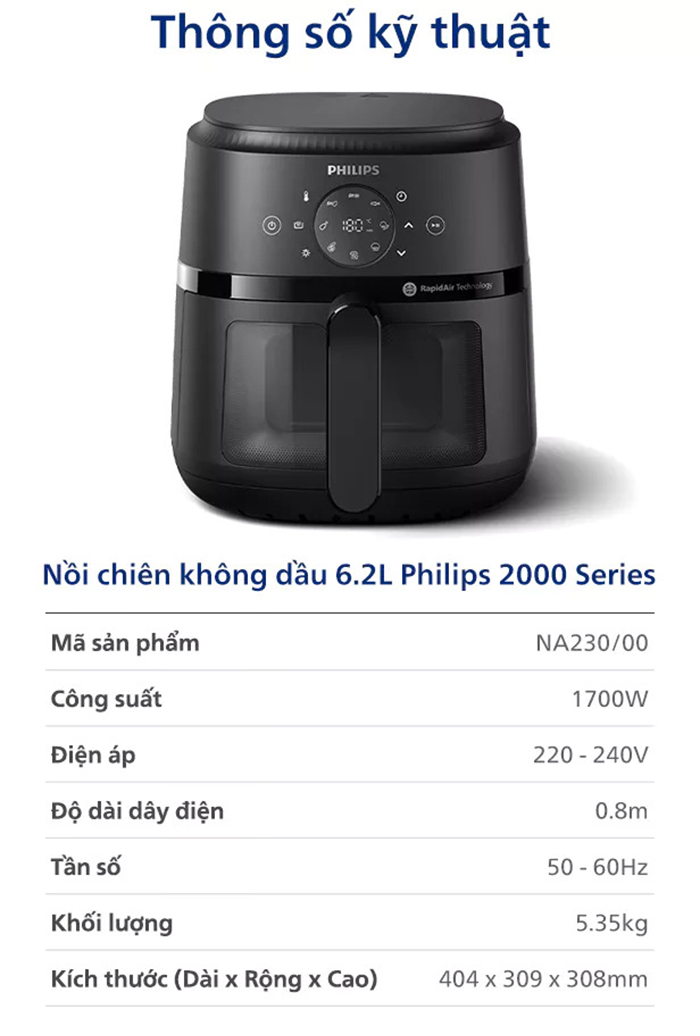 Nồi Chiên Không Dầu Điện Tử Philips NA230/00 6.2 lít |1700W | Cửa Sổ ...