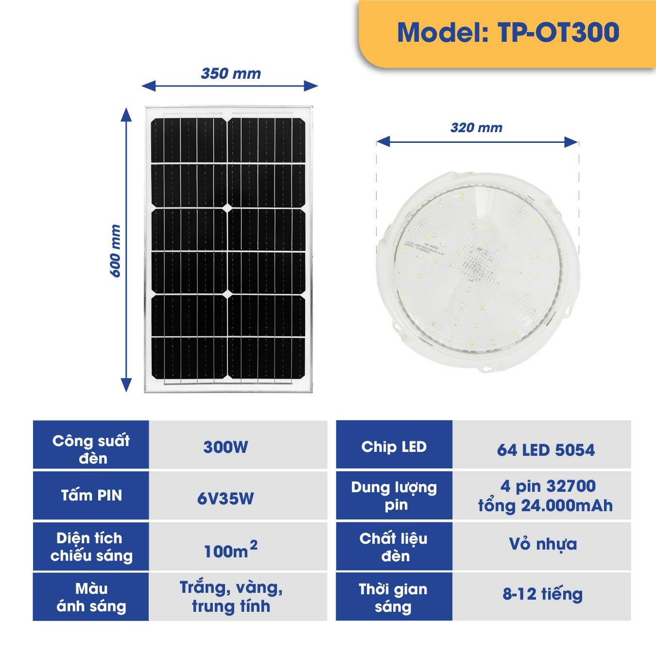 Đèn Ốp Trần Năng Lượng Mặt Trời TP SOLAR Công Suất 300W, 600W Chiếu Sáng 100-200m2,Chip Led 5054 ...