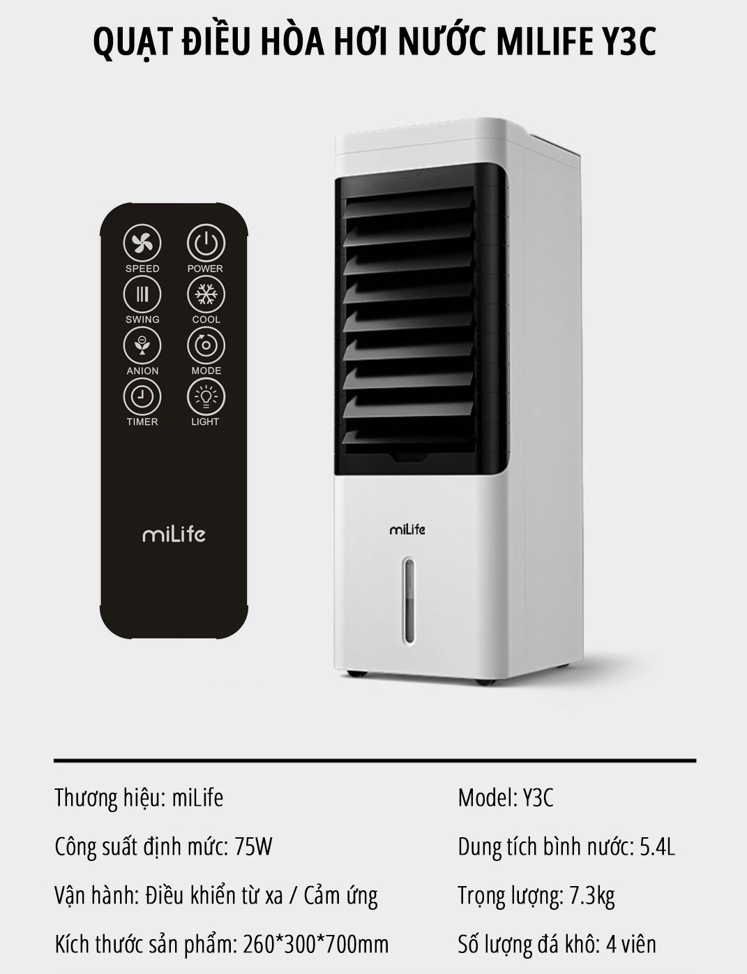 Quạt hơi nước điều hòa miLife Y3C, công nghệ lọc không khí ion âm, thêm ...