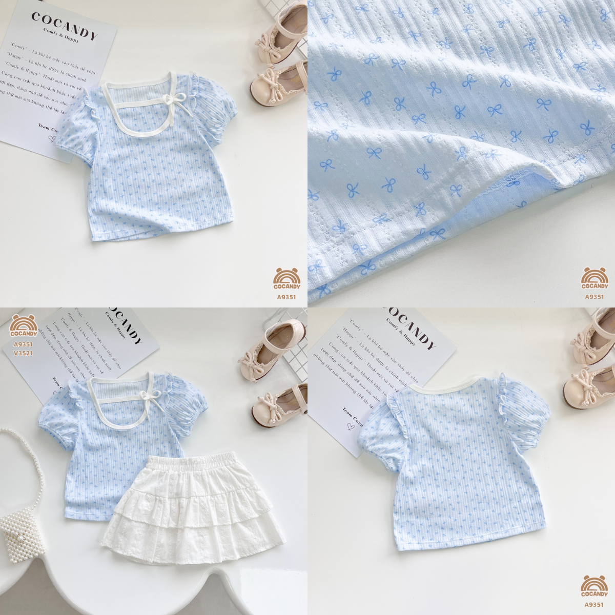 Set cho bé COCANDY - Áo cộc X.DƯƠNG nơ xanh và Chân váy TRẮNG 2 tầng ...