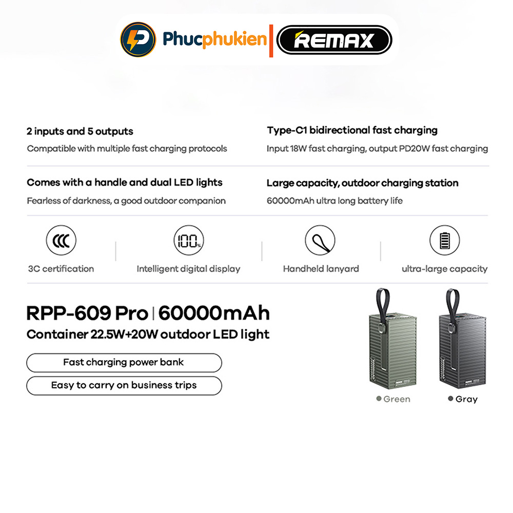 Remax rpp 609 - Trạm sạc dự phòng 60000mah chính hãng Remax hỗ trợ QC 22.5W PD 20W - Phúc Phụ ...