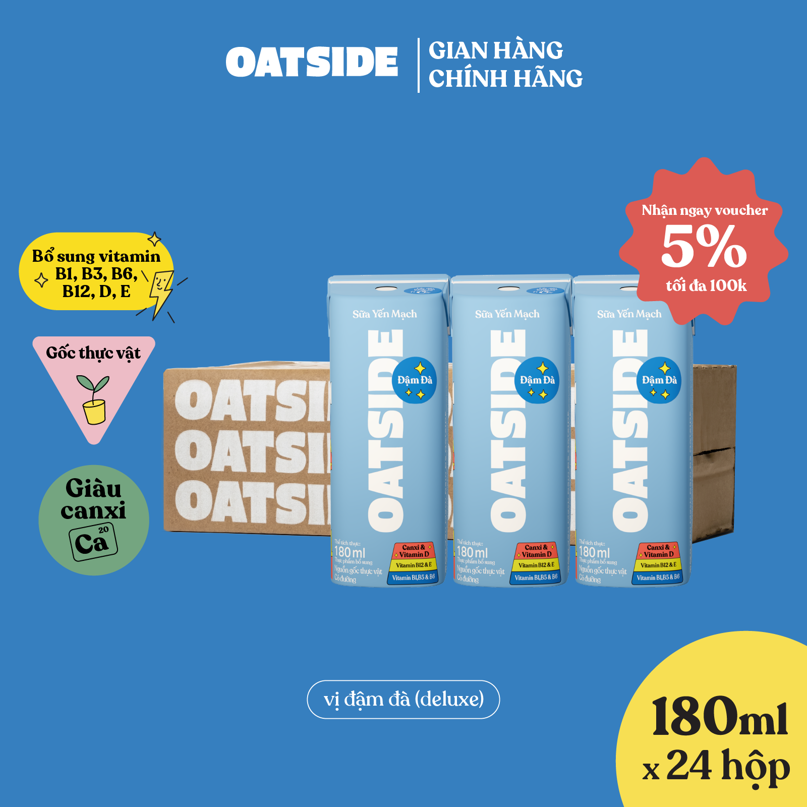 Thùng 24 Hộp Sữa yến mạch OATSIDE vị Đậm Đà Deluxe lốc 180ml - Không lactose, Thơm ngon sánh mịn ...
