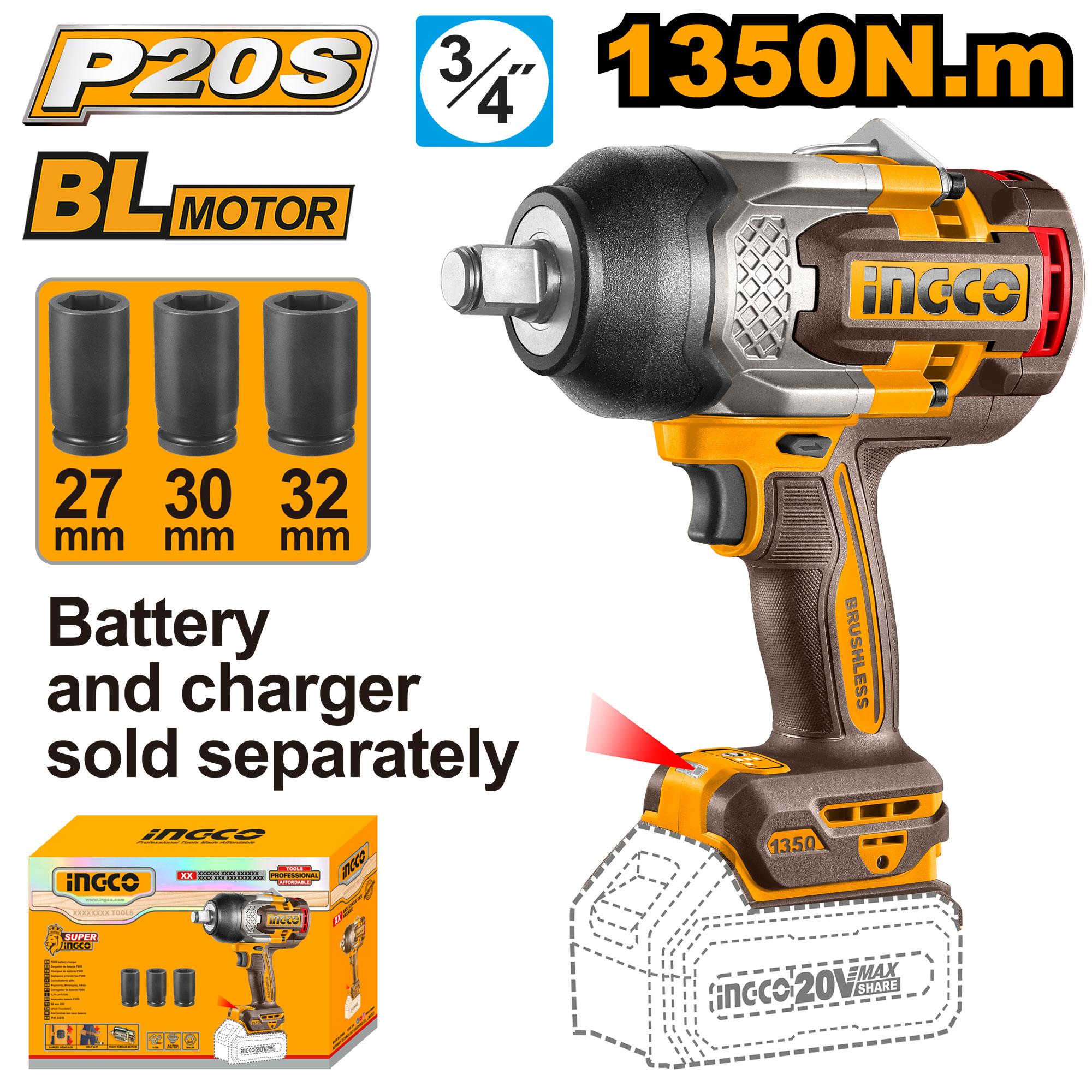 Máy siết bu lông pin INGCO CIWLI201351, CIWLI20135 motor không chổi than lực siết 1350Nm trục 3/ ...